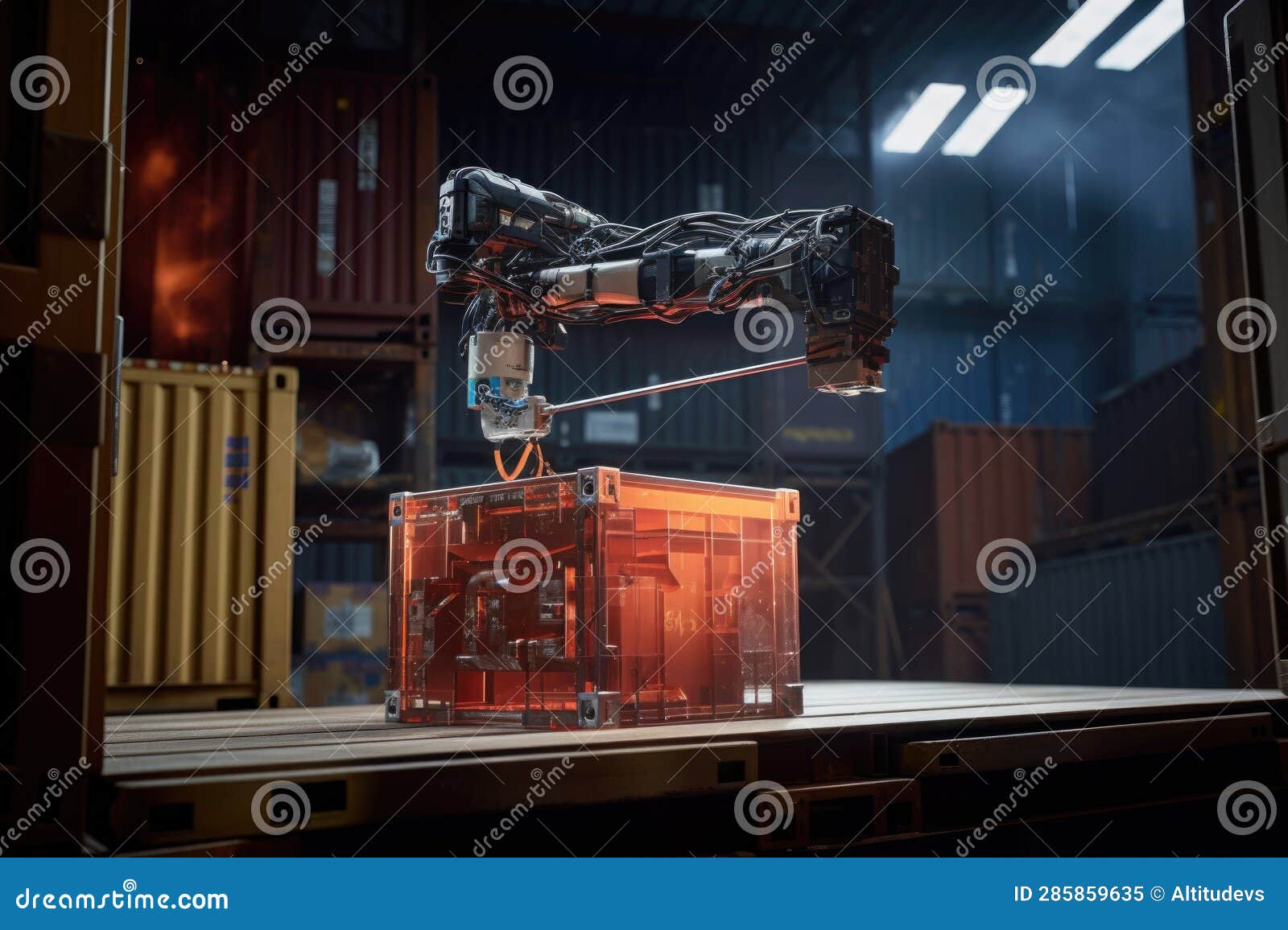 Automated Robotic Arm Gripping a Container Box Stock Image - Image of ...