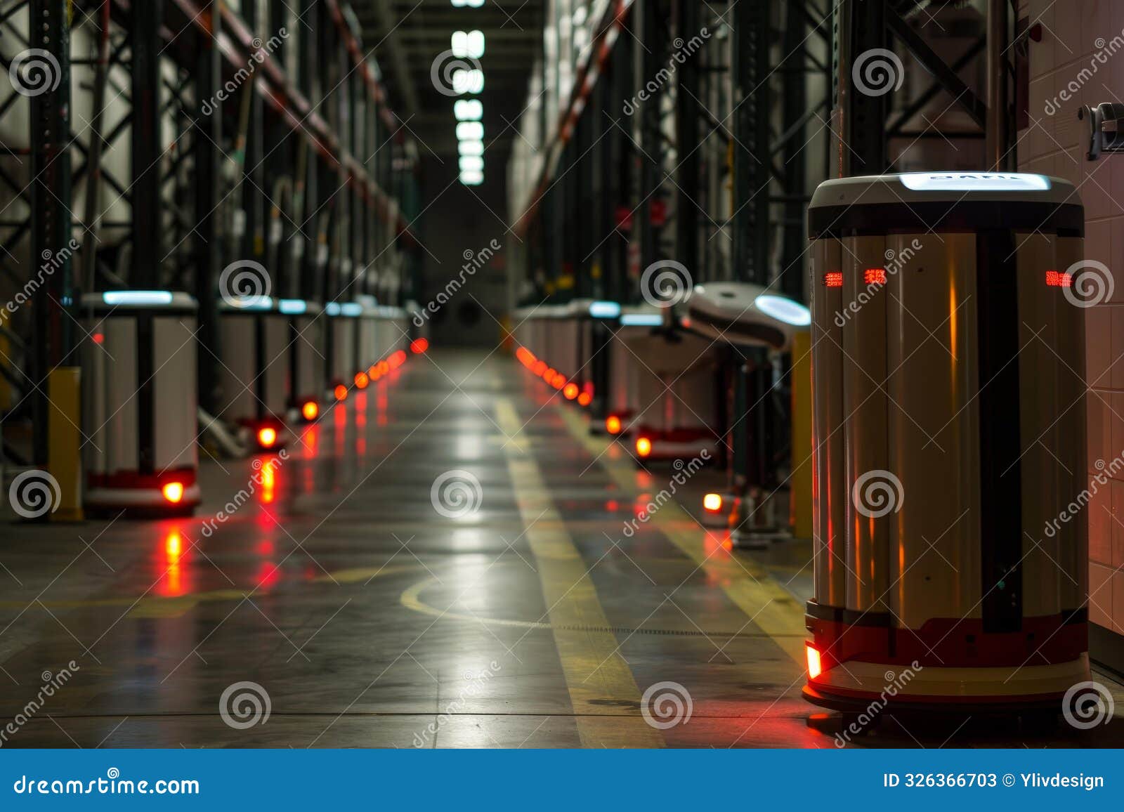 Automated Robots in Modern Warehouse Aisle Stock Illustration ...