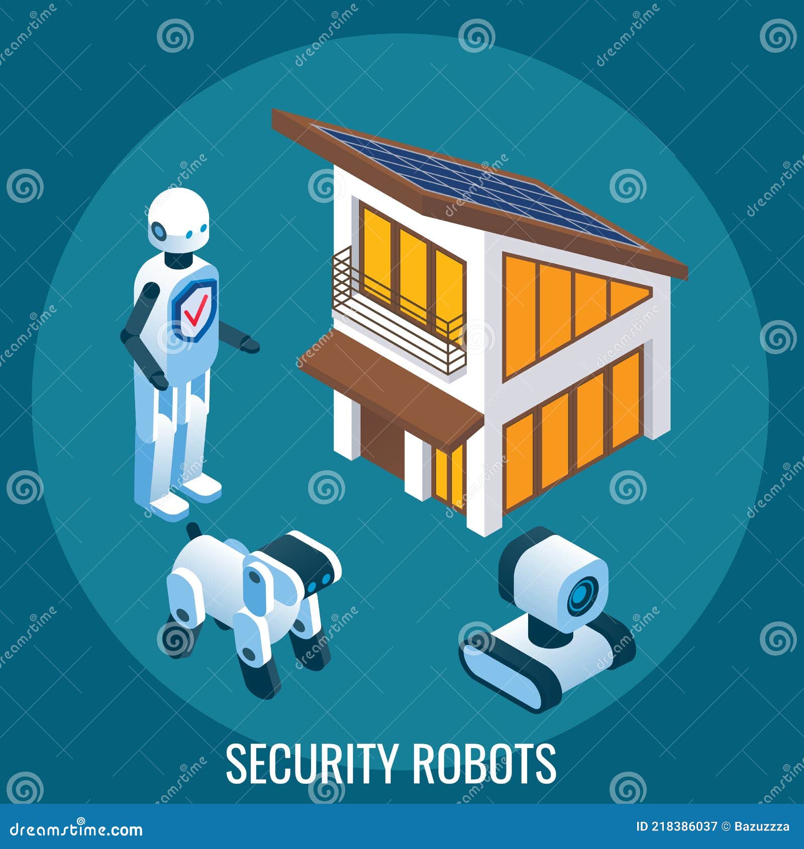 Automated Security and Surveillance Robots Protecting House, Vector ...