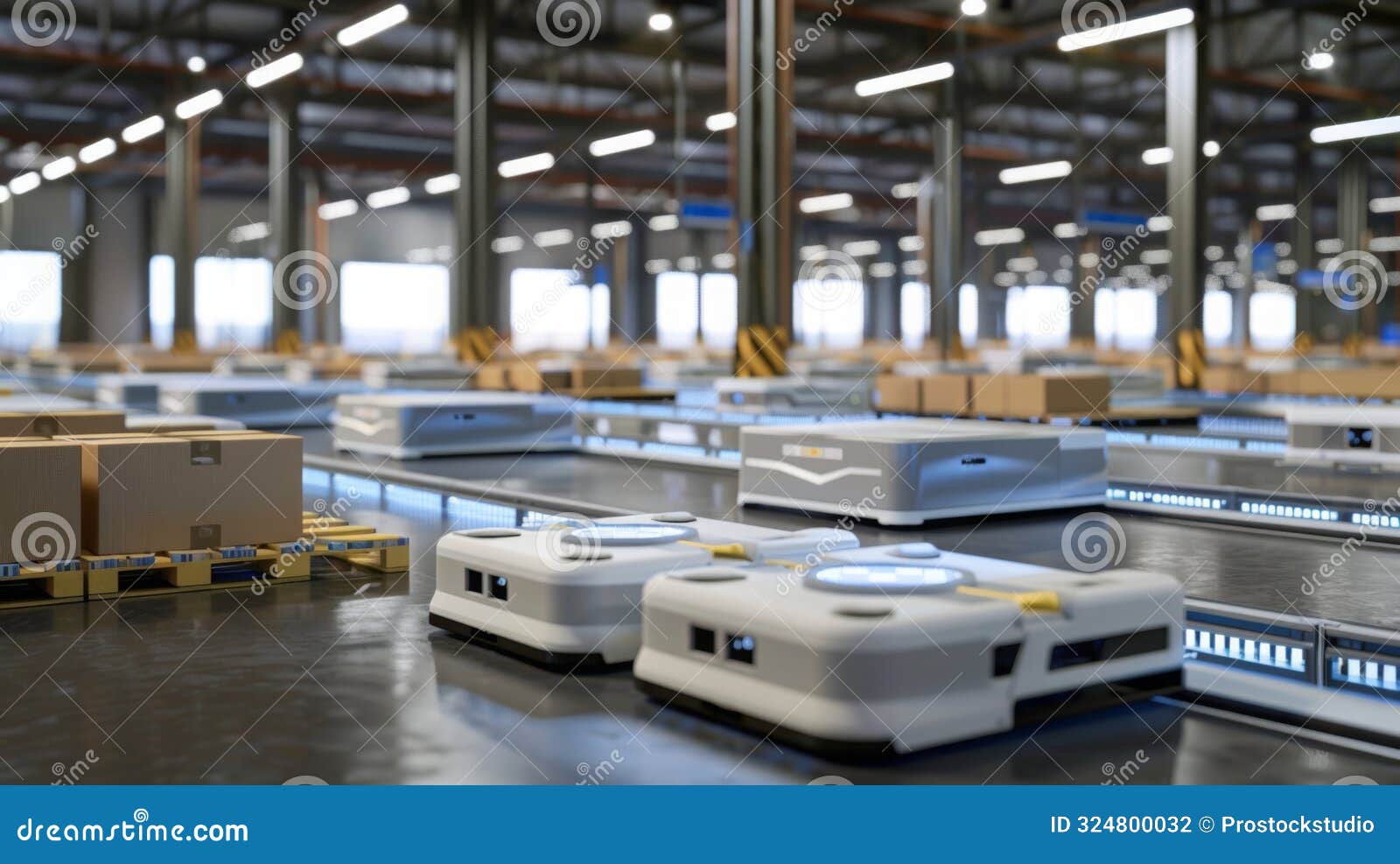Automated Warehouse Conveyor System with Robots Stock Photo - Image of ...