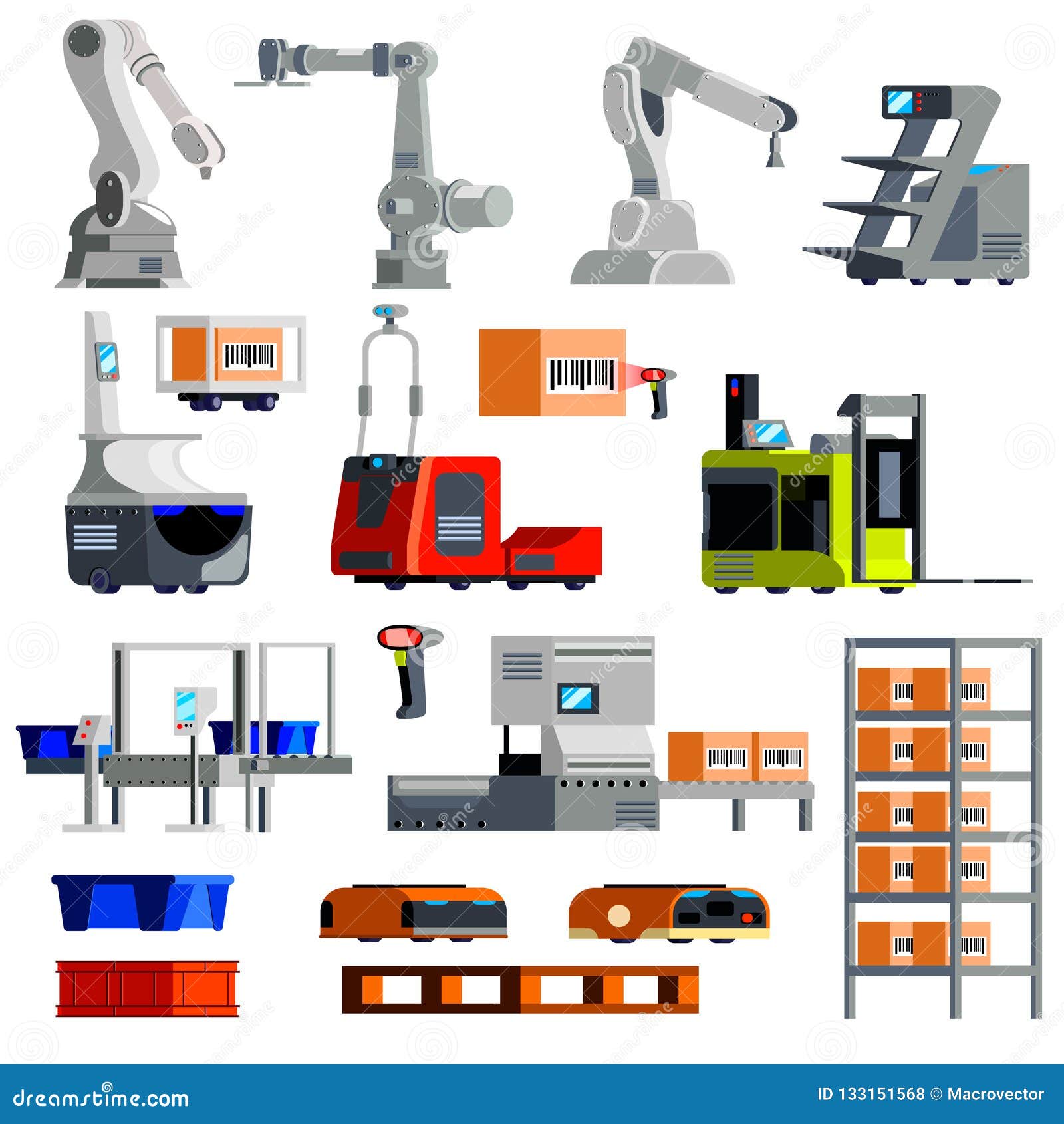 Automated Warehouse Equipment Flat Icons Stock Vector - Illustration of ...