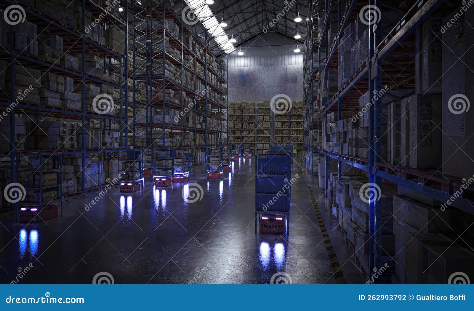 Automated Warehouse with Moving Drones at Night Stock Illustration ...