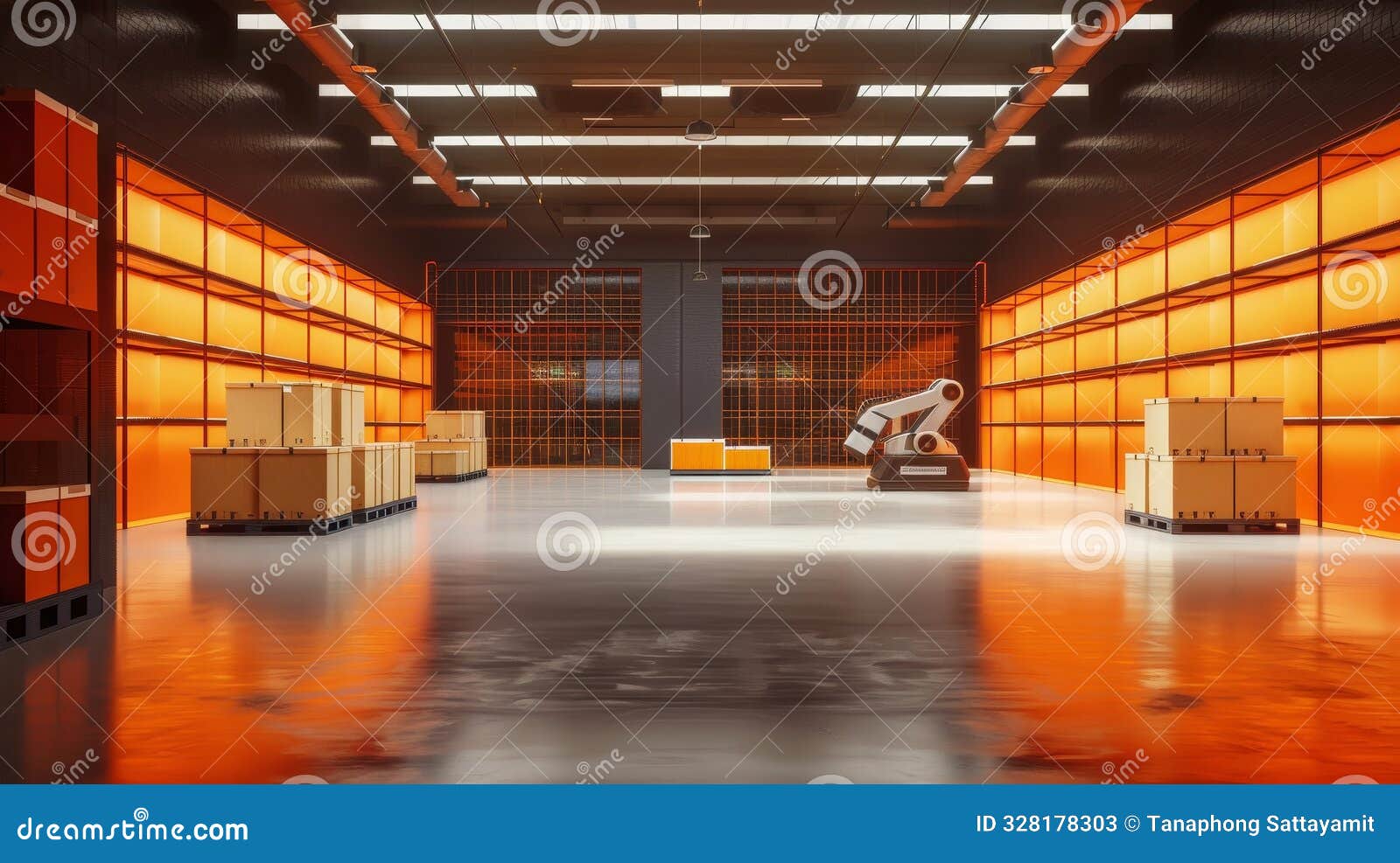 An Automated Warehouse with a Robotic Arm Moving Boxes on a Pallet ...