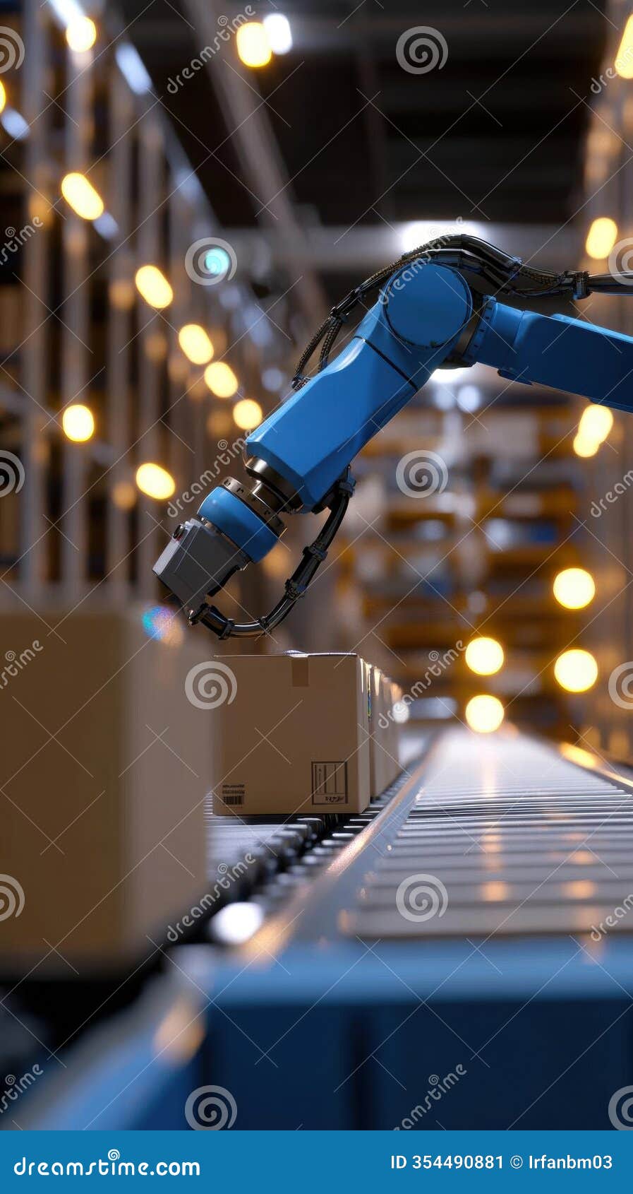 Automated Warehouse, Robotic Arm Placing Packages on Conveyor Belt ...