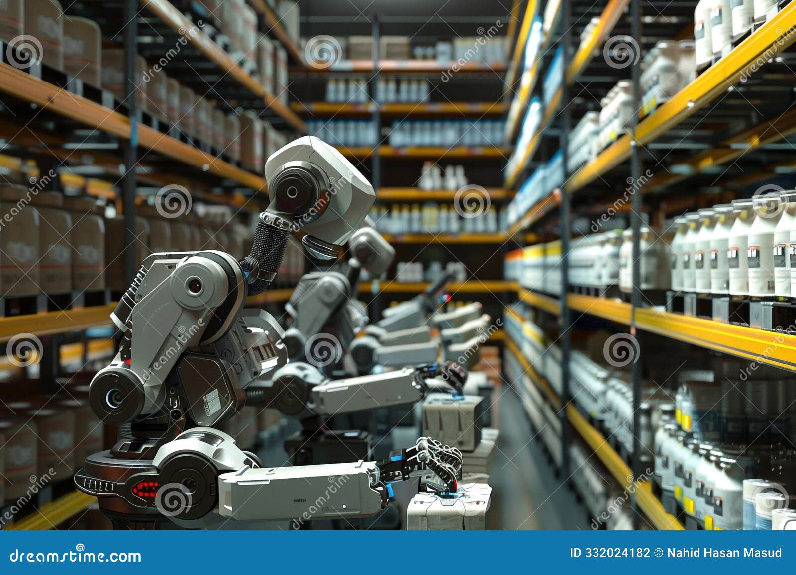 Automated Warehouse Scene Where Multiple Robotic Arms are Efficiently ...