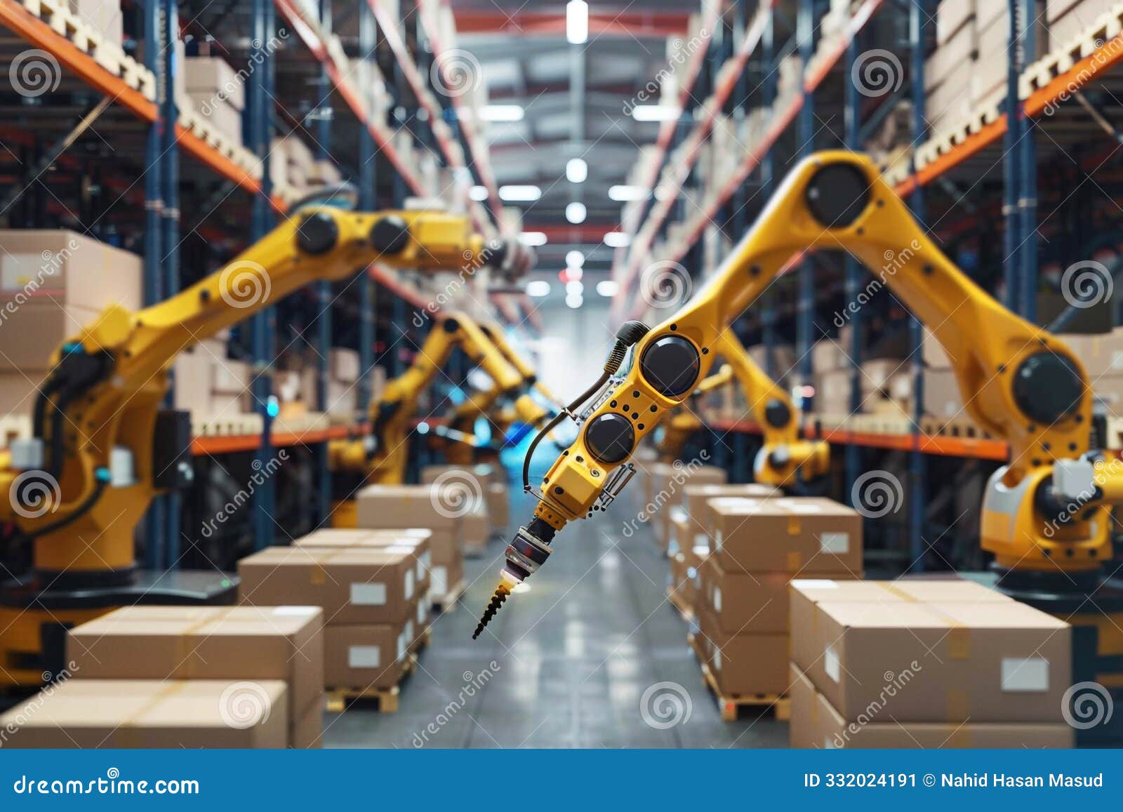 Automated Warehouse Scene Where Multiple Robotic Arms are Efficiently ...