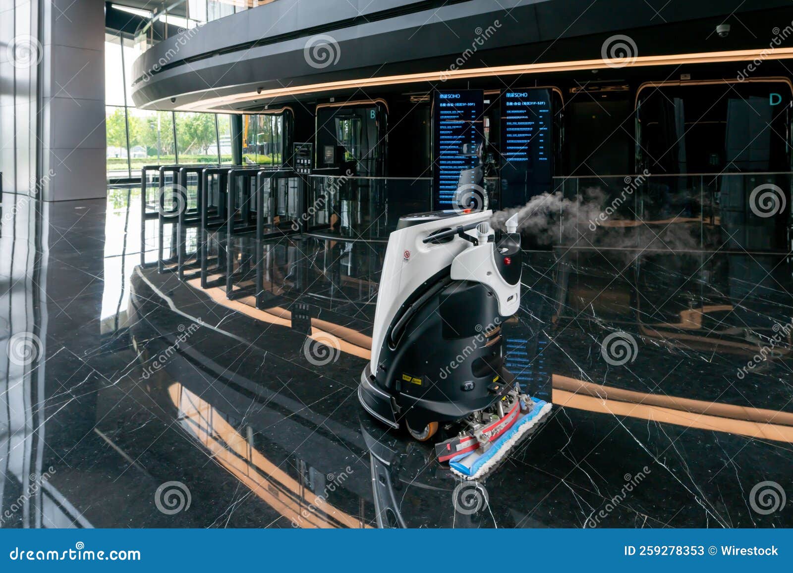 Automatic AI Cleaner Mopping Floor Inside of a Modern Office Building ...