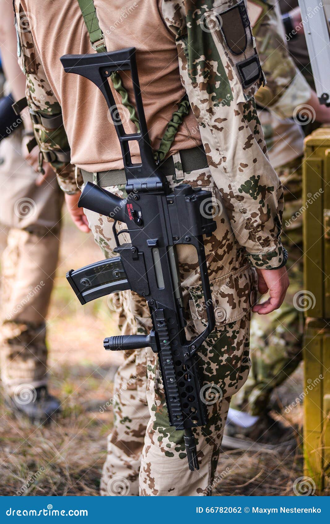 Automatic Assault Rifle on Back of Soldier Stock Photo - Image of range ...