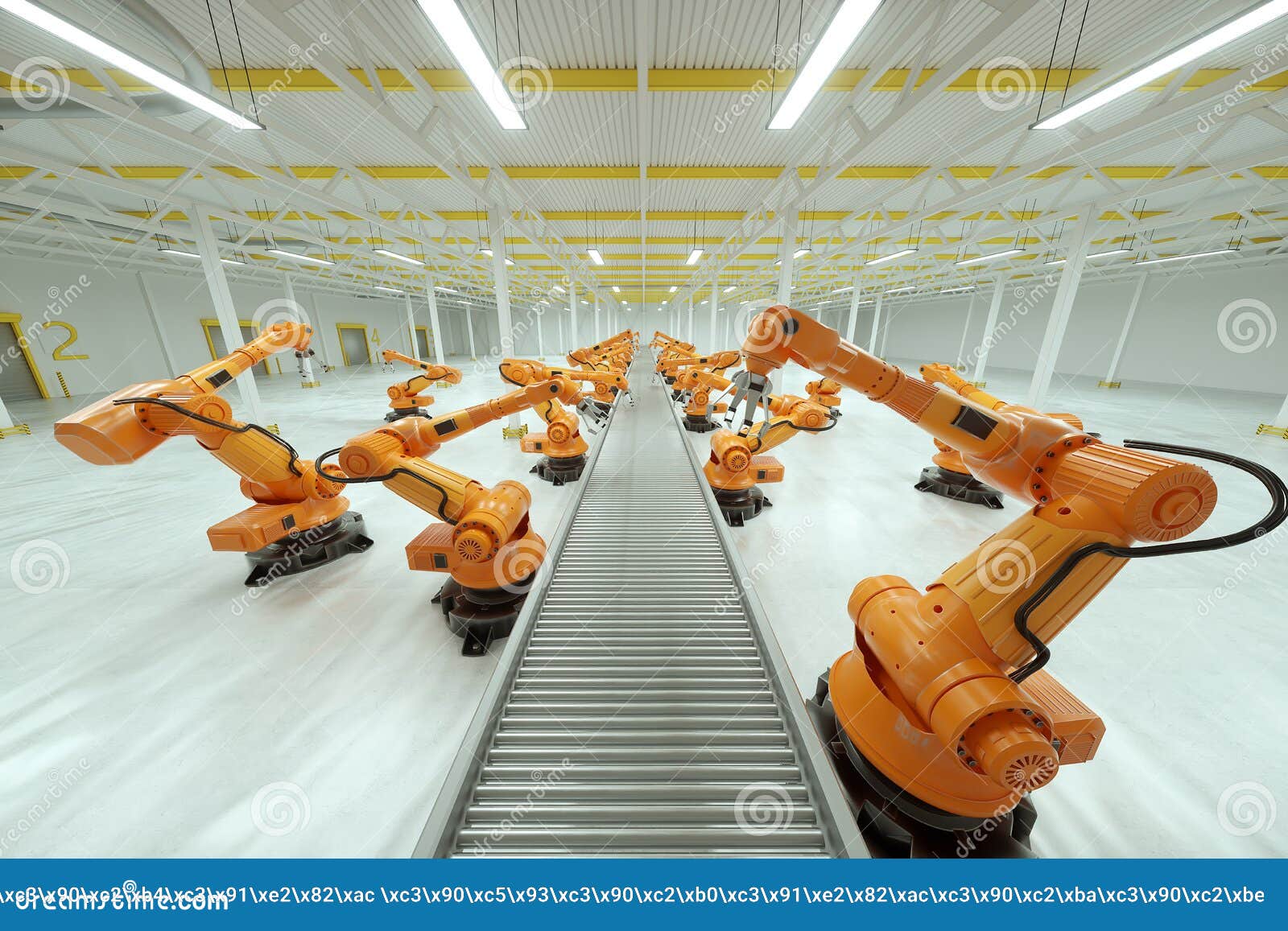 Automatic Assembly Line. Orange Robot Arm Manipulator with Empty ...