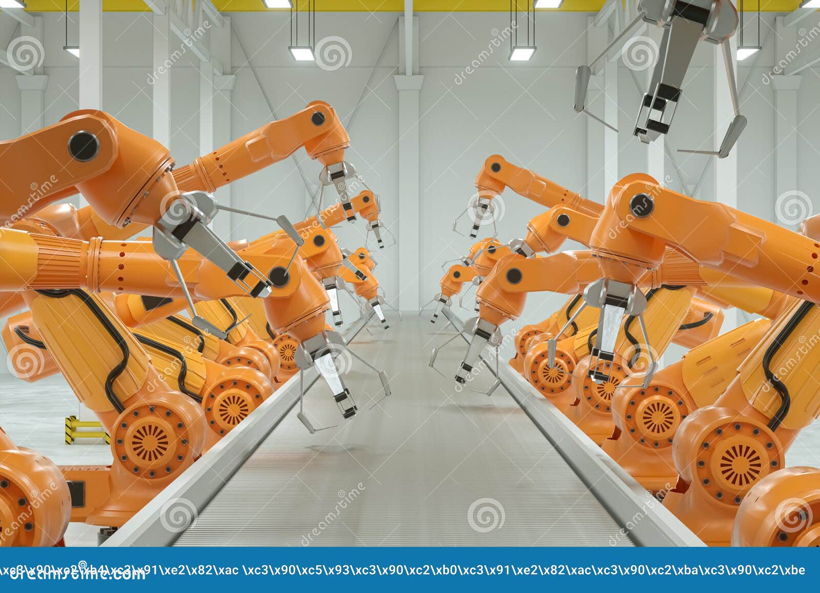 Automatic Assembly Line. Orange Robot Arm Manipulator with Empty ...