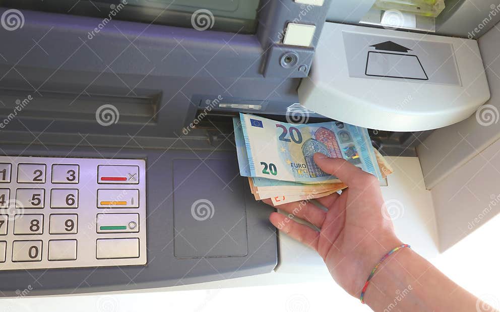 Atm and Banknotes in Euro and the Hand Stock Photo - Image of bankomat ...