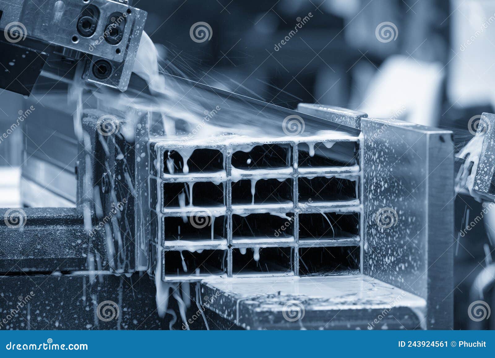 The Automatic Band Saw Machine Cutting the Square Tubes with Water Base ...