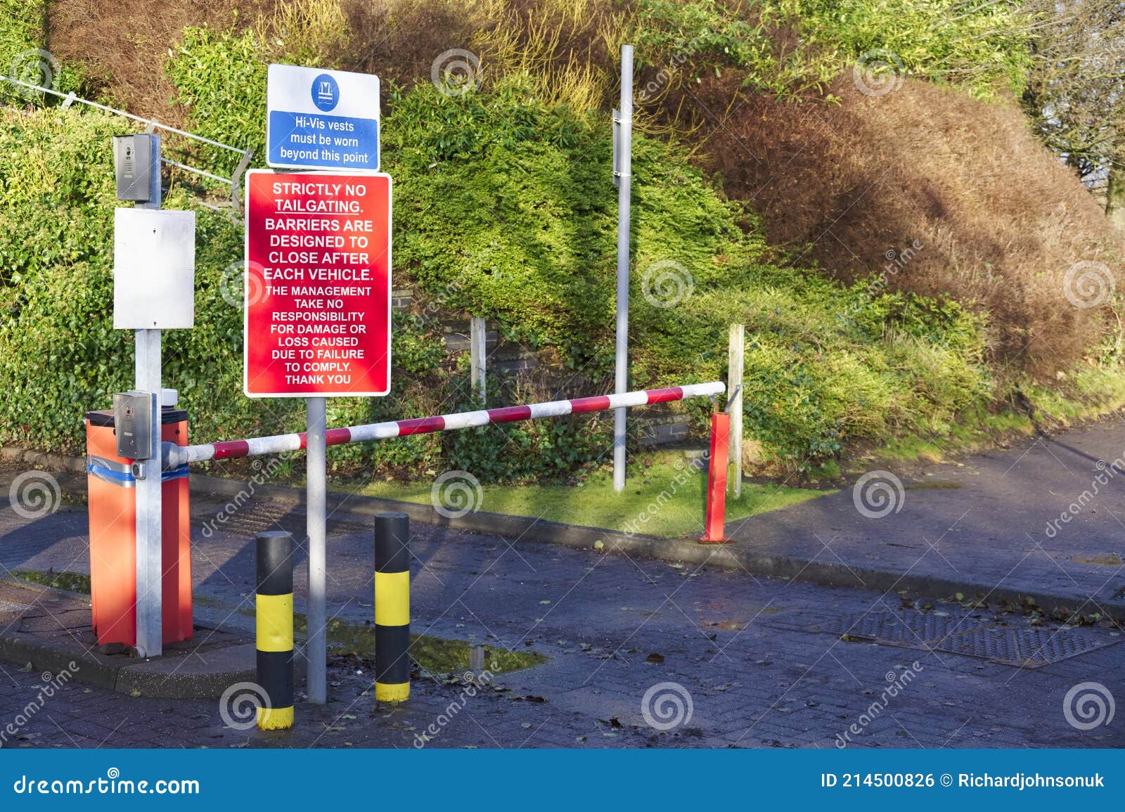 Automatic Barrier Access Control Beware Bollards and Sign Stock Photo ...
