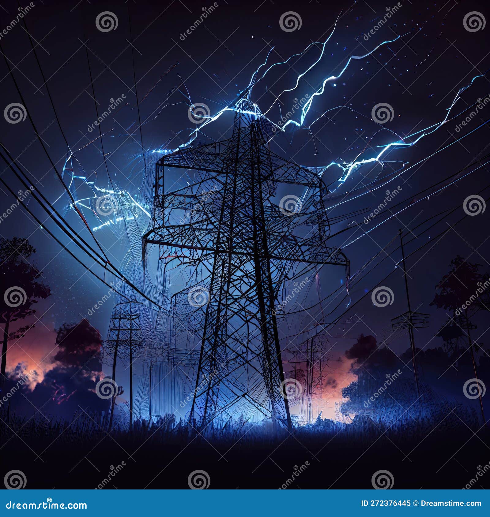 Automatic Broken Power Lines in Dark Blue with Sparks Background ...
