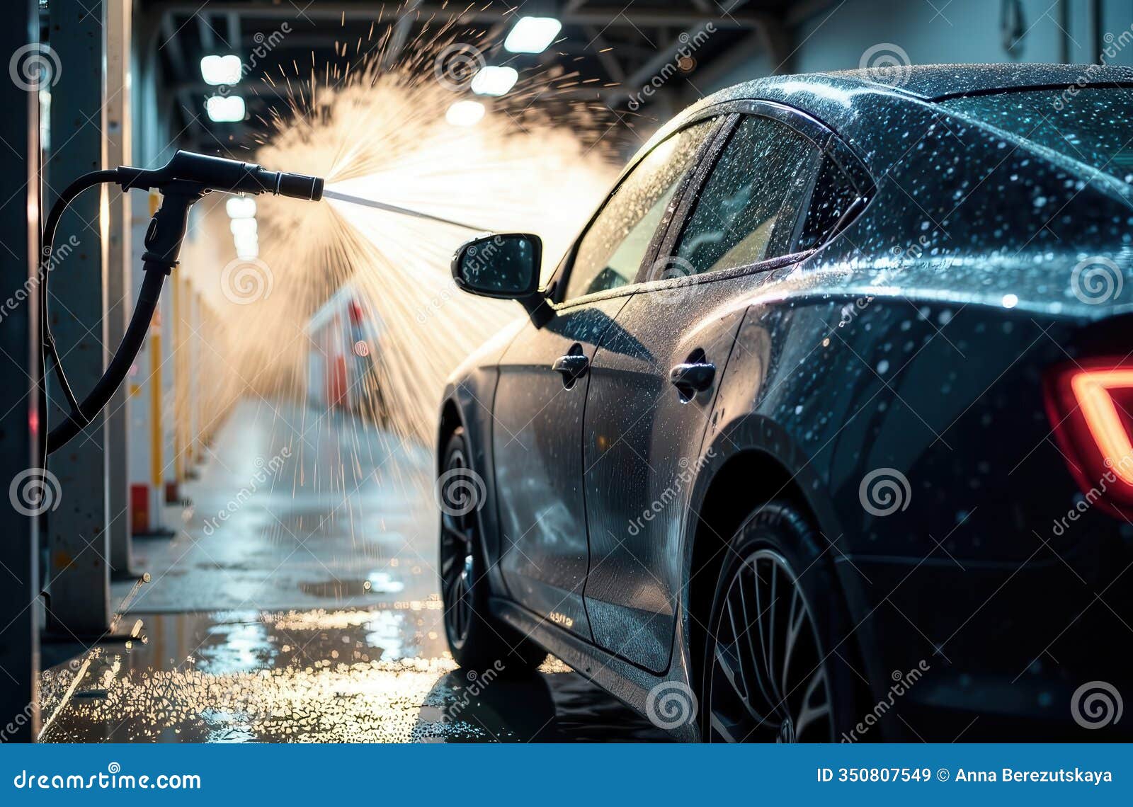 Automatic Car Wash System Cleaning Black Sedan in Garage Stock Image ...