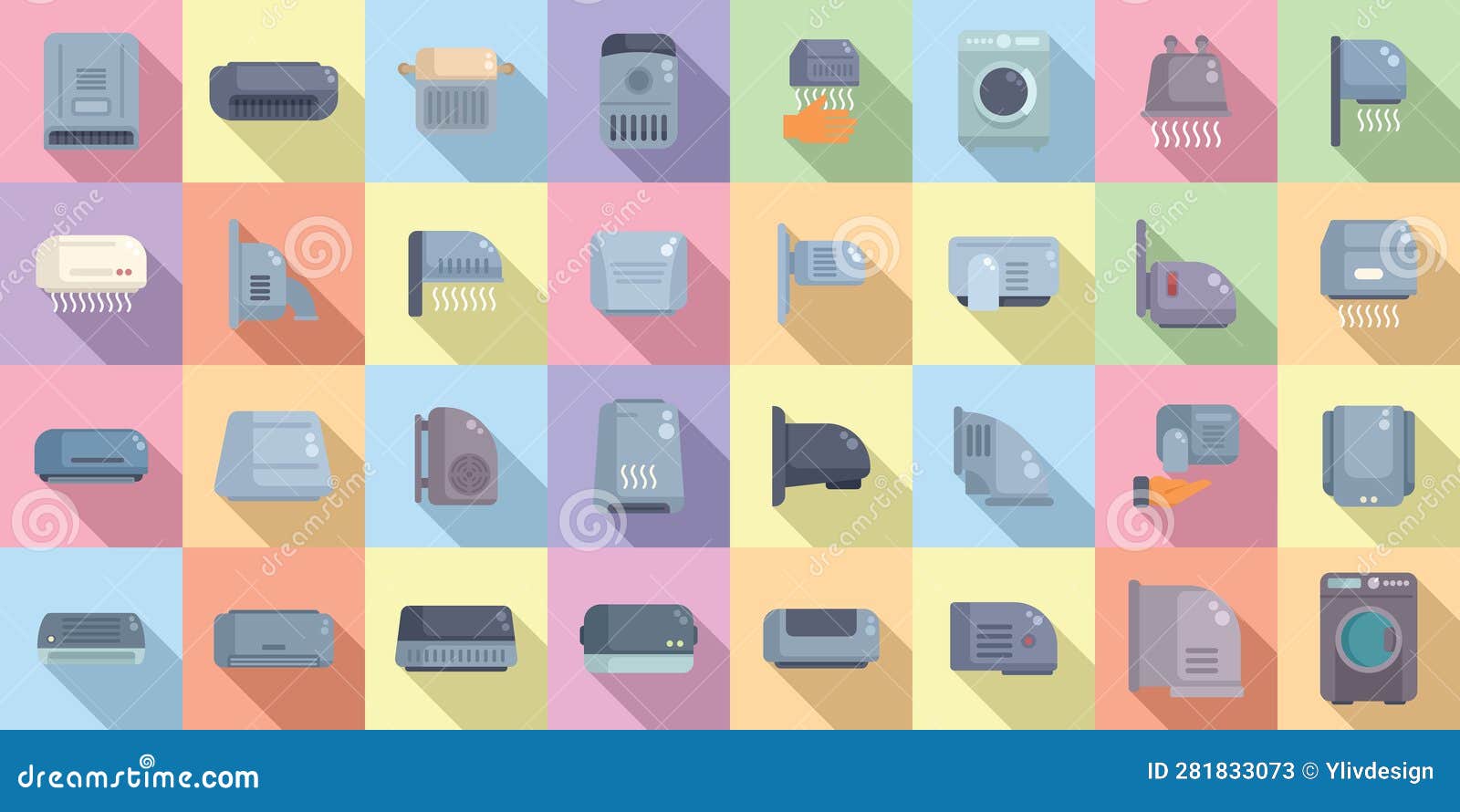 Automatic Drying Machine Icons Set Flat Vector. Air Bathroom Stock Vector - Illustration of room ...