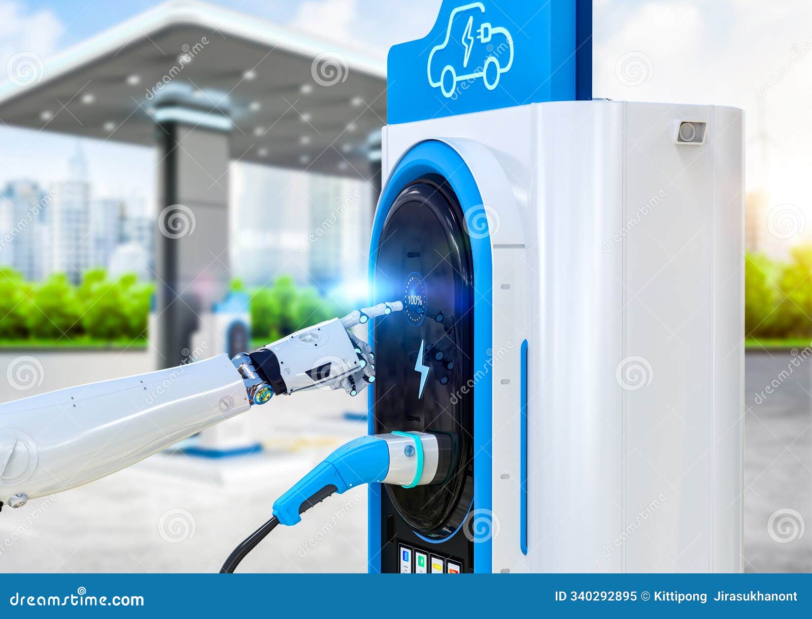 Automatic Electric Recharge Station with Robot Hand Point at Ev Charger ...