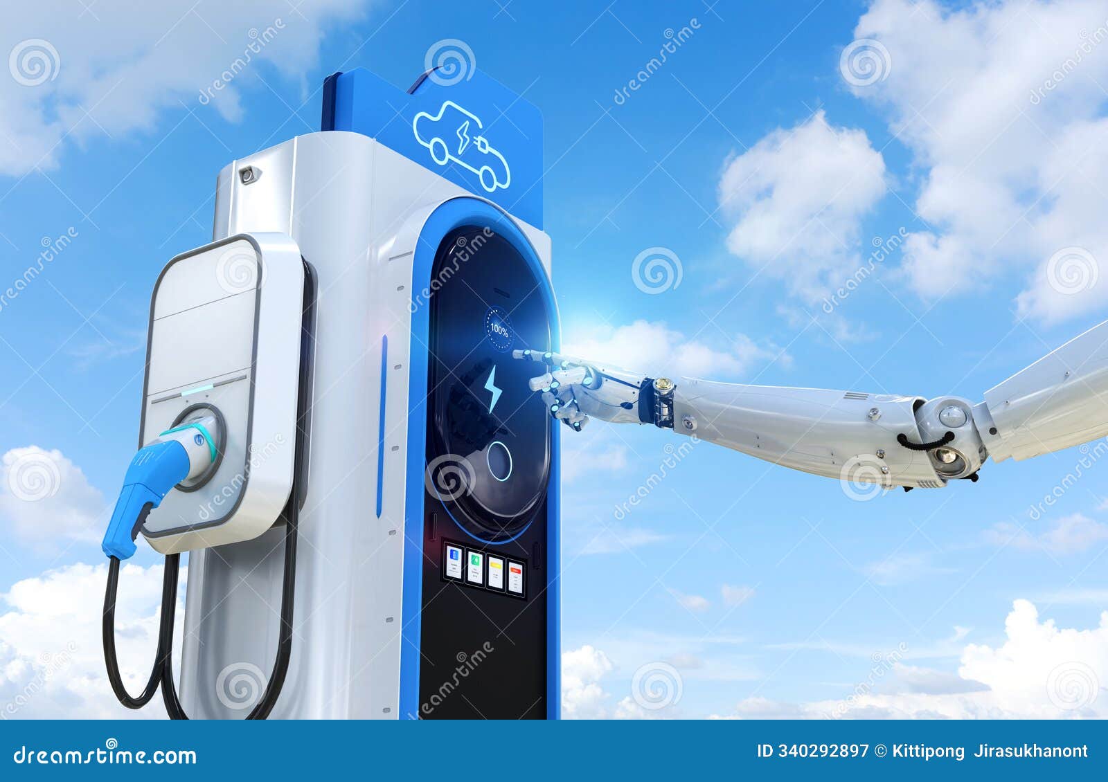 Automatic Electric Recharge Station with Robot Hand Point at Ev Charger Stock Illustration ...