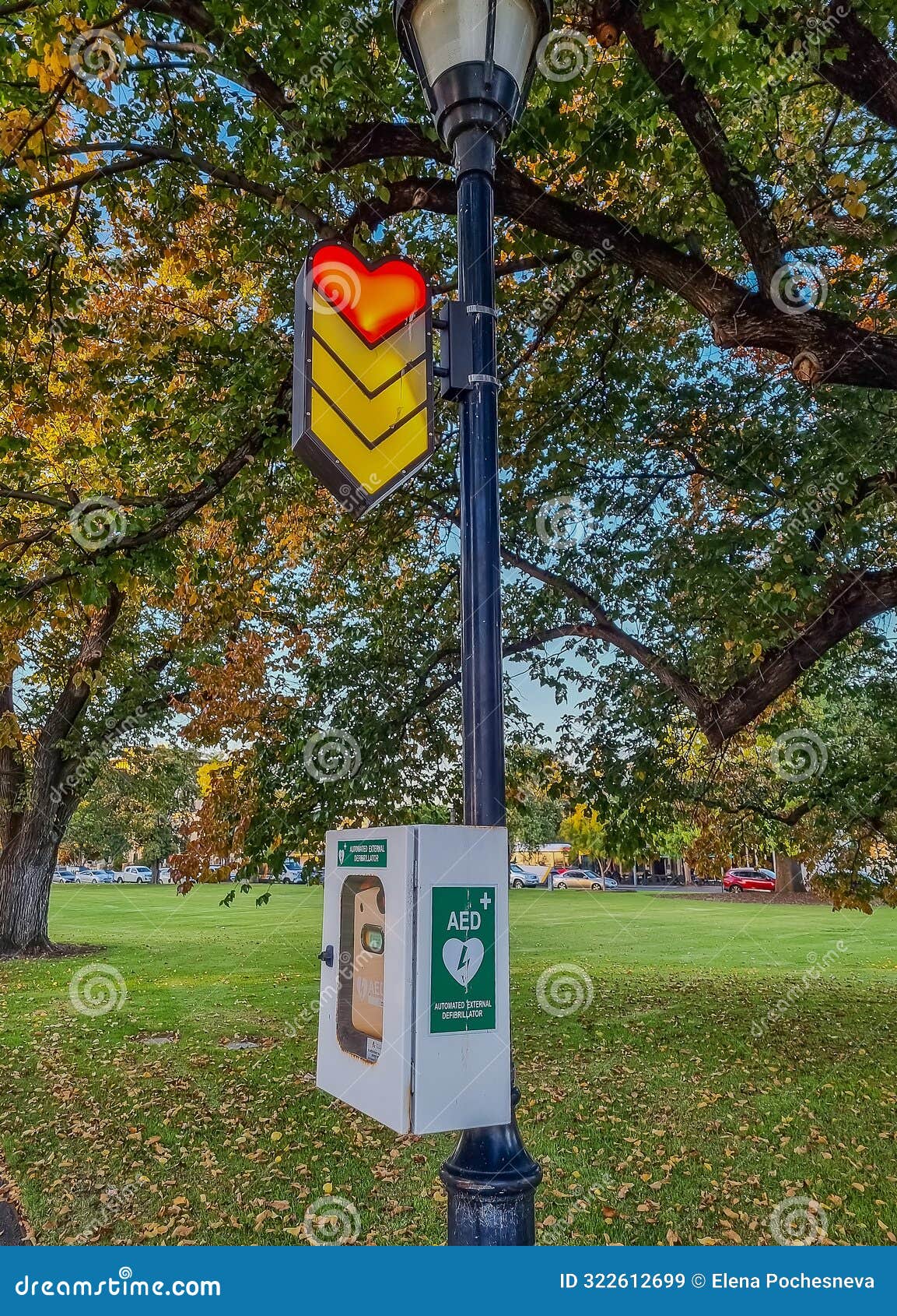 Automatic External Defibrillator Hanging on a Pole in a Public Park for ...