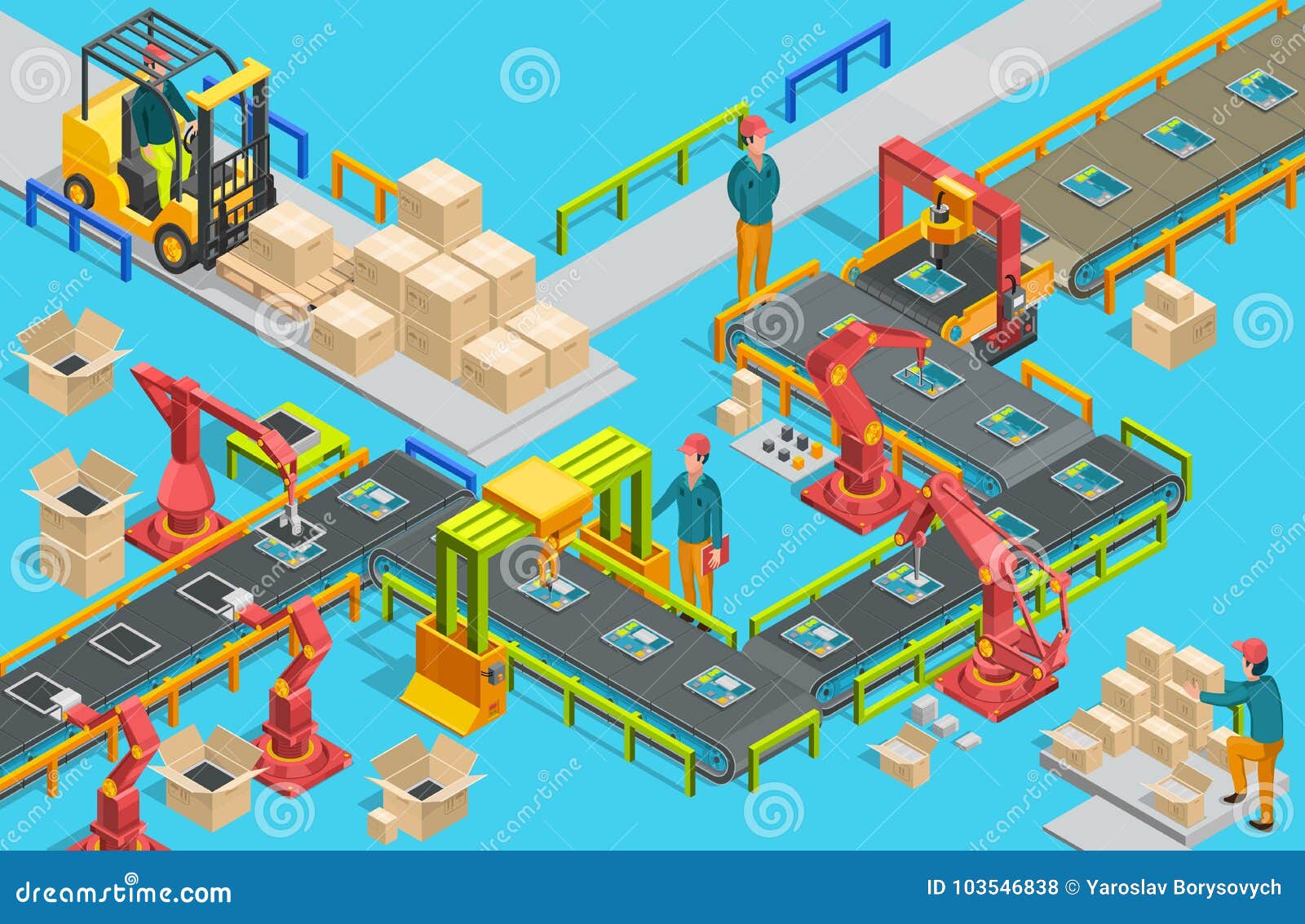 Automatic Factory with Conveyor Line and Robotic Arms. Assembly Process ... Automatic Factory with Conveyor Line and Robotic Arms. Assembly Process ...