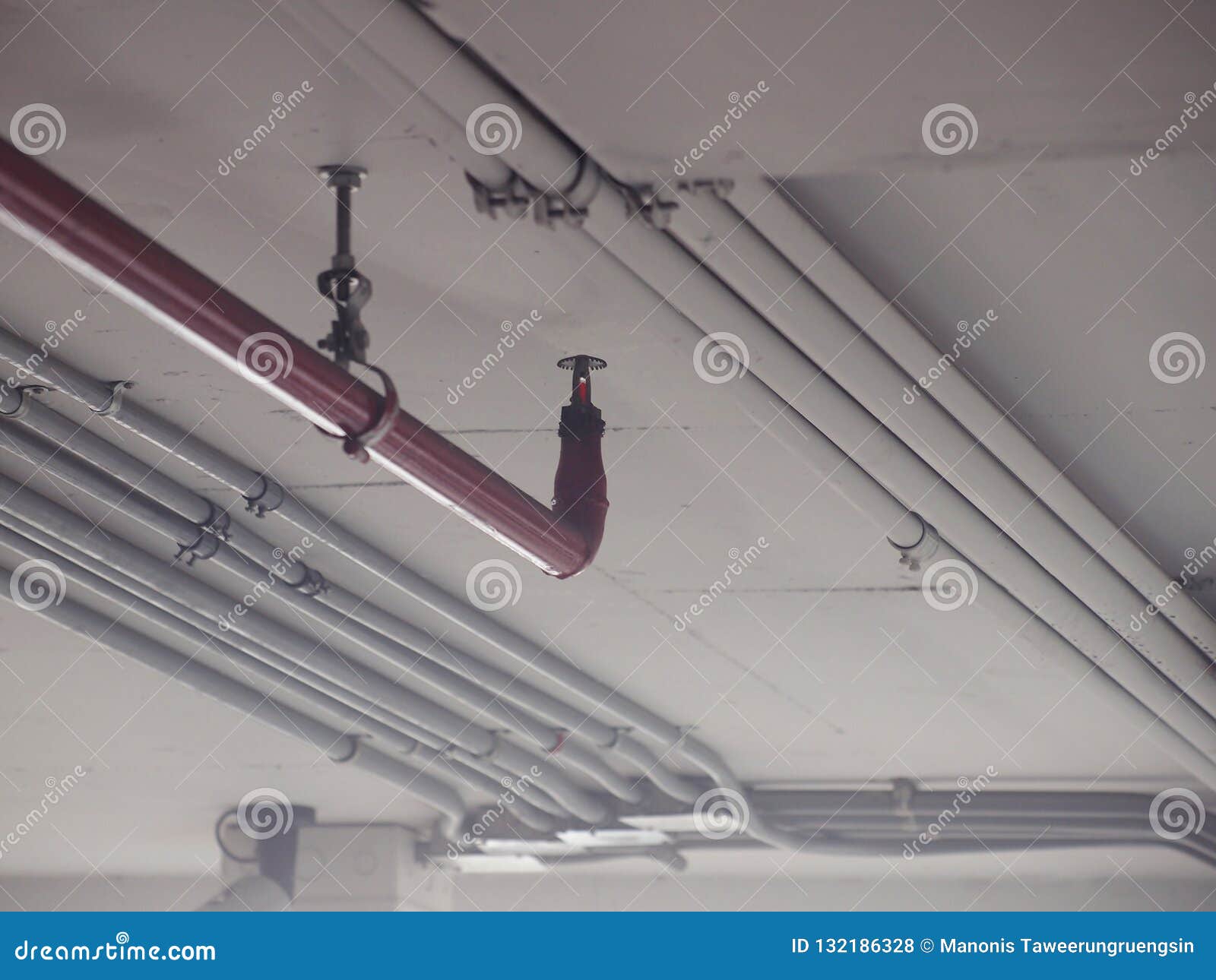 Automatic Fire Sprinkler Safety System And Red Water Supply Pipe. Fire ...