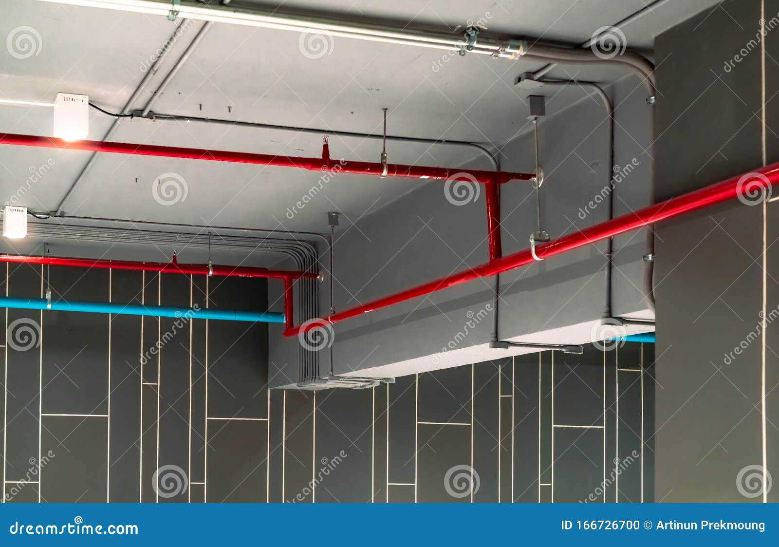 Automatic Fire Sprinkler Safety System and Red Water Supply Pipe. Fire ...