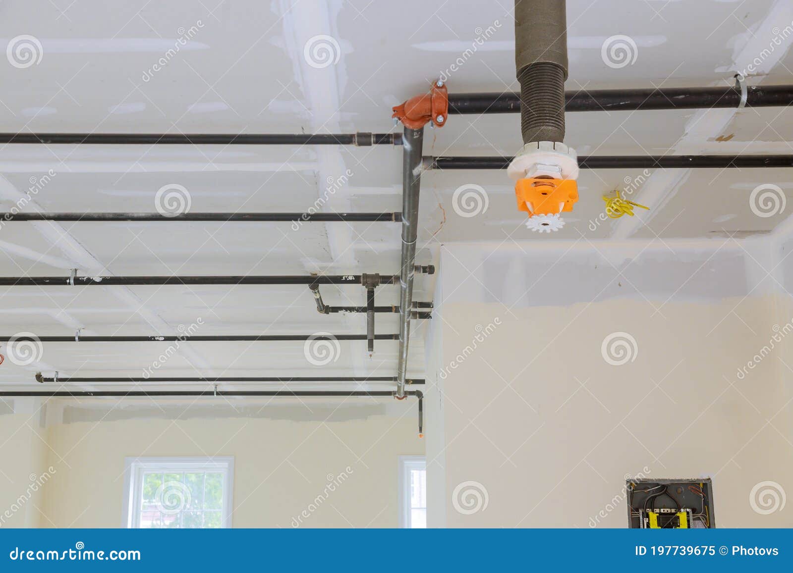 Automatic Fire Sprinkler System Install on Pipe Ceiling Background Stock Image - Image of ...