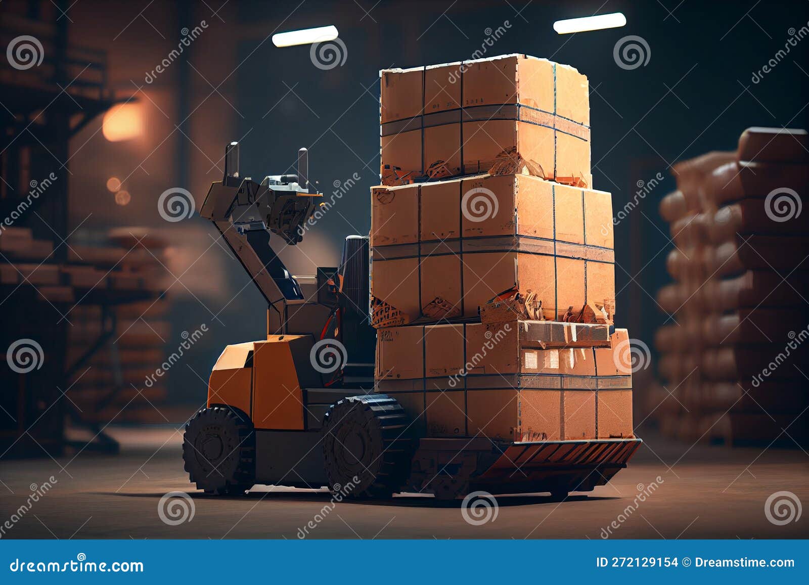 Automatic Forklift Truck with Pallets and Boxes Loading in the ...