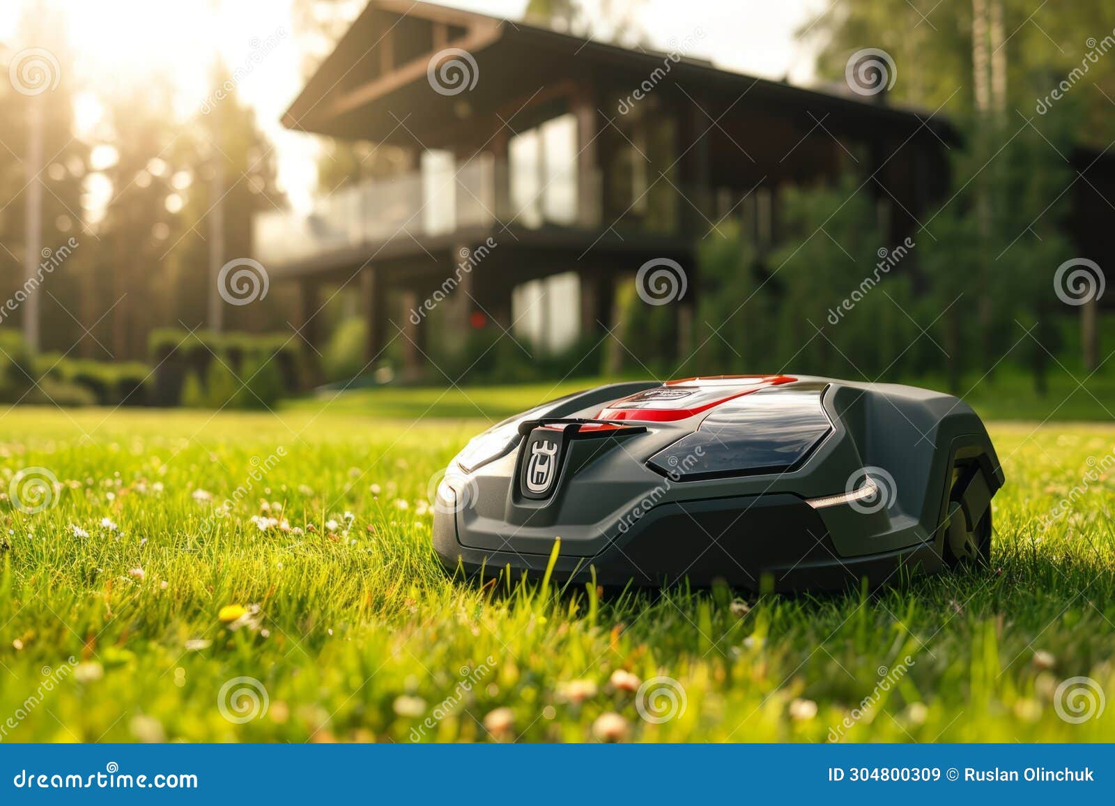 Automatic Futuristic Robotic Lawn Mower On A Green Lawn Stock Illustration Illustration Of