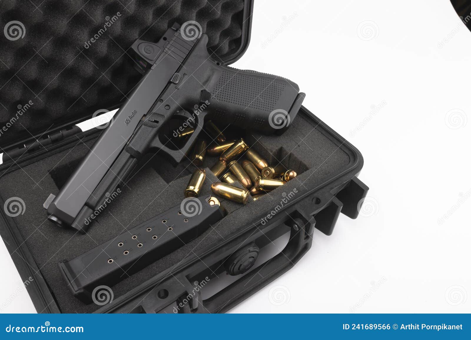 Automatic Gun and Bullets in a Plastic Hard Case on White Background ...