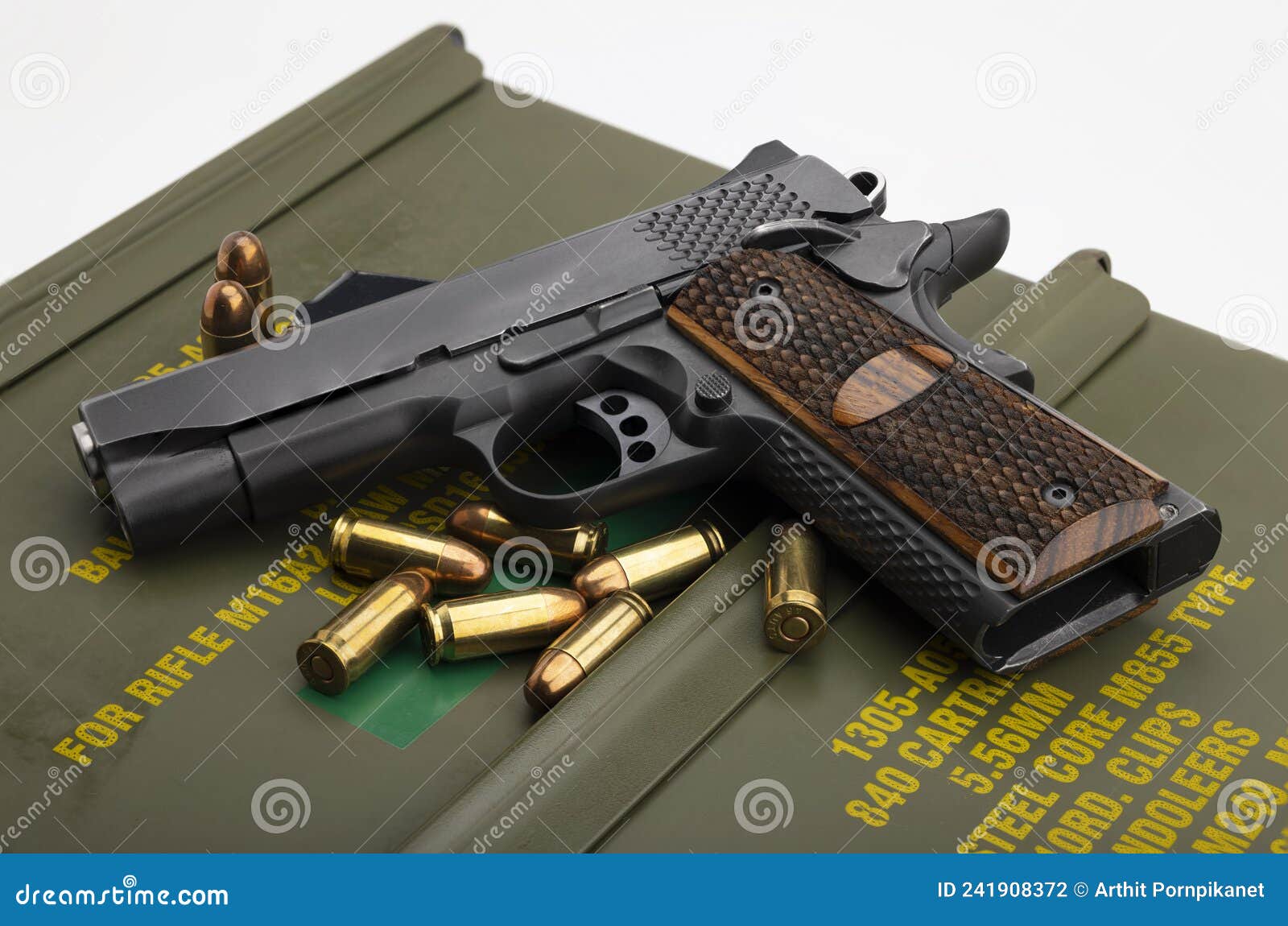 Automatic Hand Gun and Ammunition on Green Bullet Box Background Stock ...