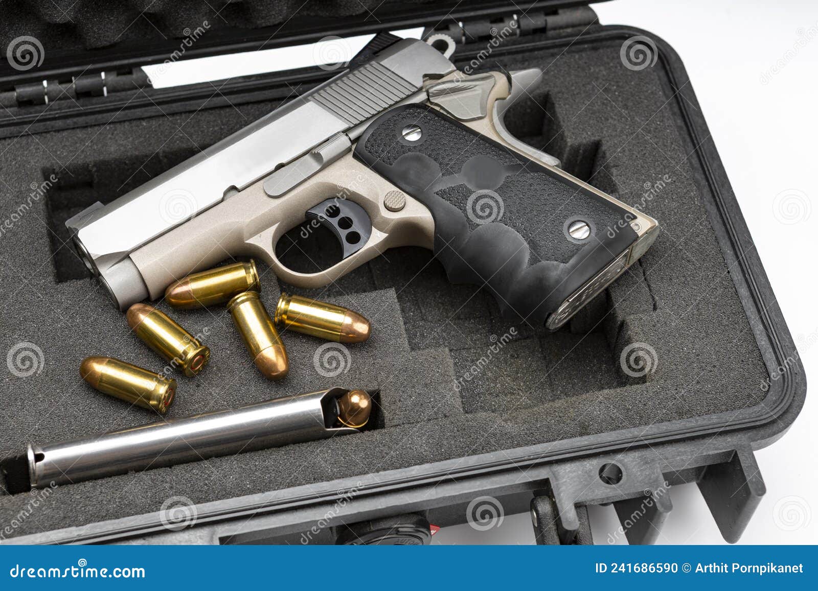 Automatic Handgun and Bullets in a Plastic Hard Case on White ...