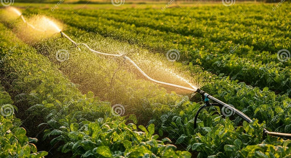 Automatic Irrigation System Watering Green Crop Fields at Sunset Stock ...