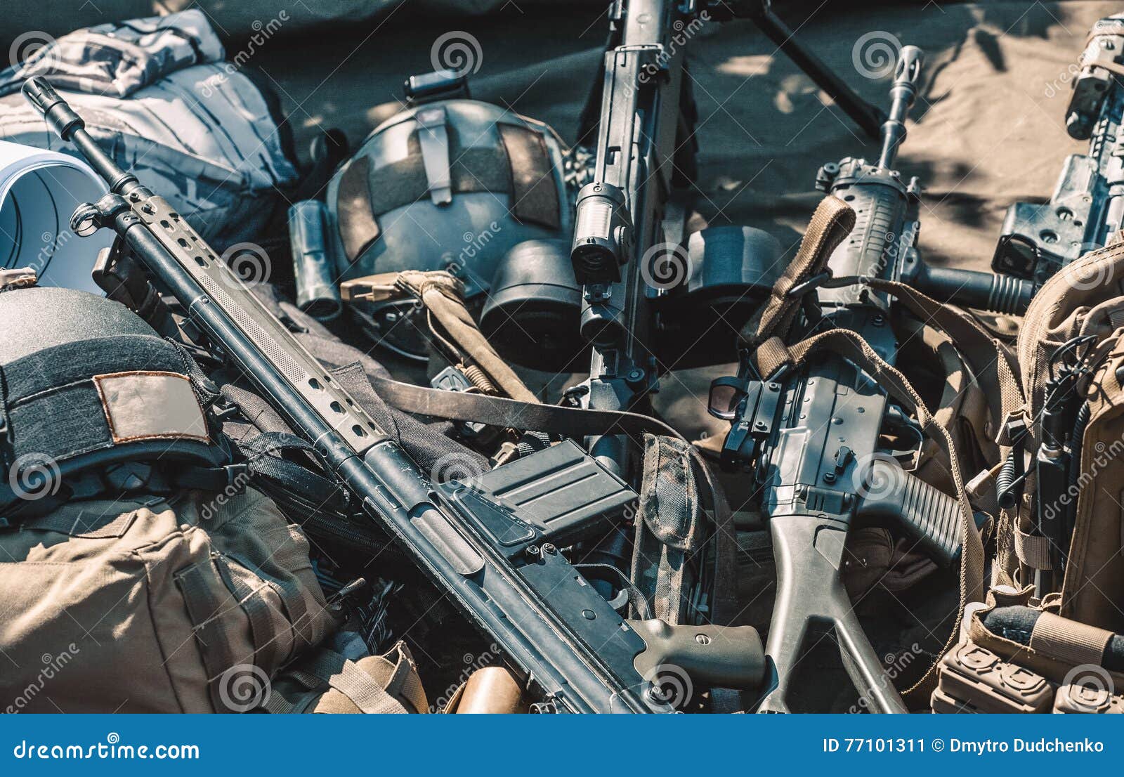 Automatic Machine, Machine Gun, Helmet, Body Armor Piled in a Heap ...