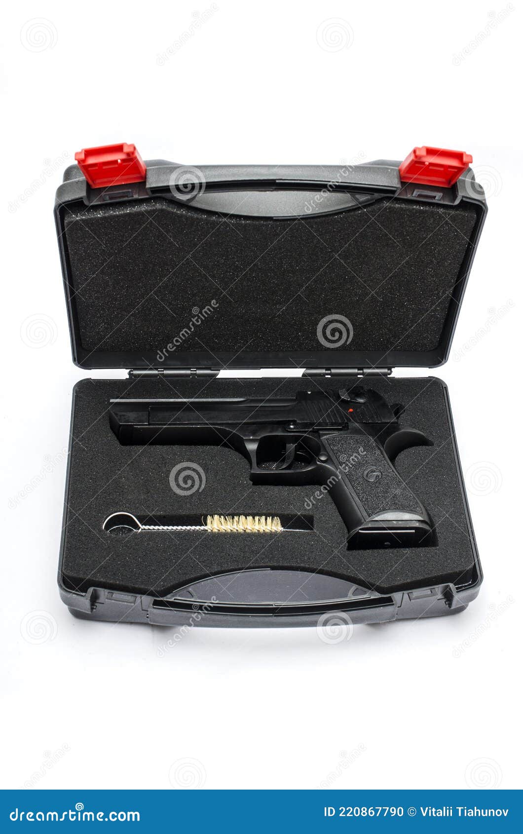 Automatic Pistol in a Black Plastic Box Stock Photo - Image of white ...