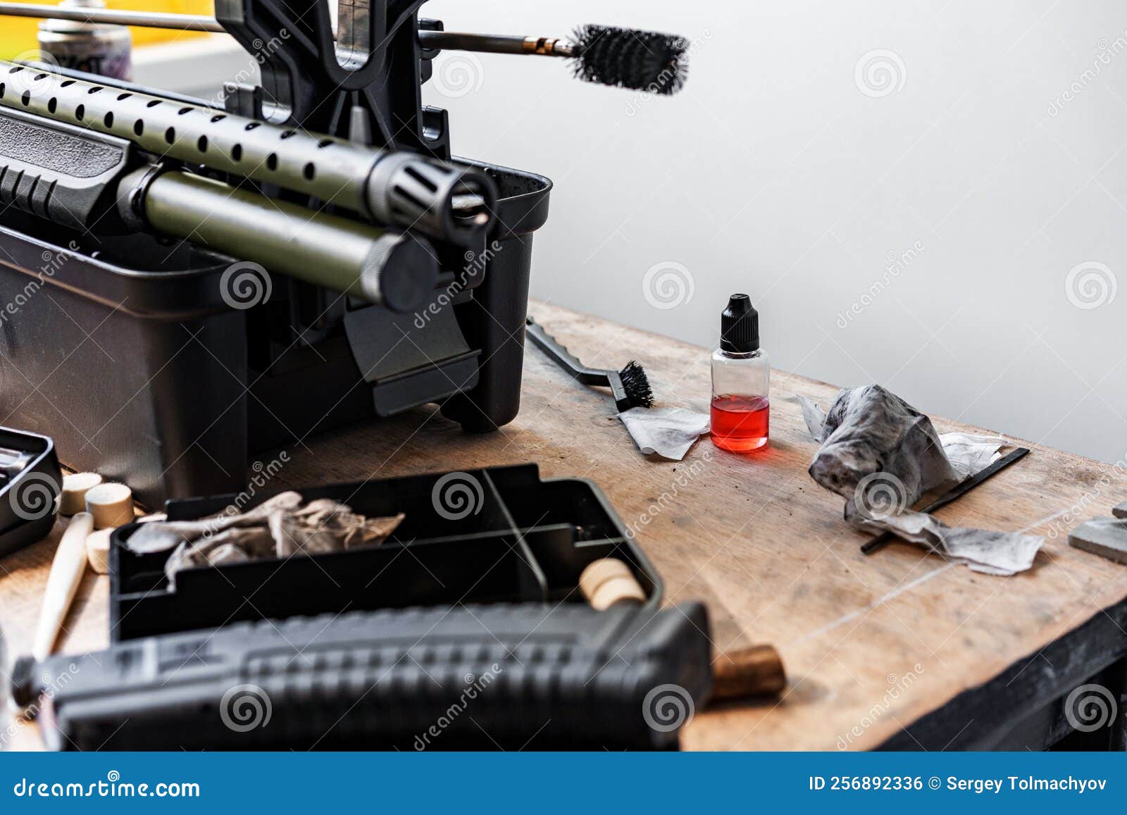 Automatic Rifle on Stand on the Table of the Weapons Workshop. Stock ...