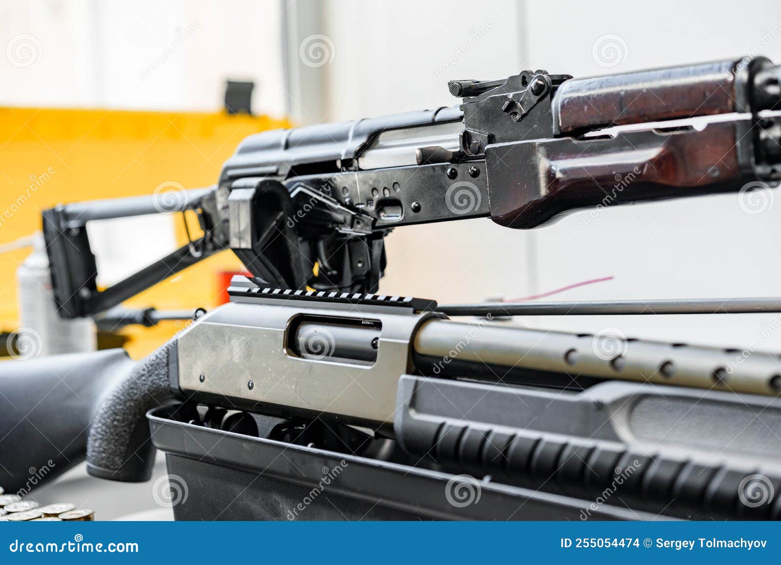 Automatic Rifle on Stand on the Table of the Weapons Workshop. Stock ...