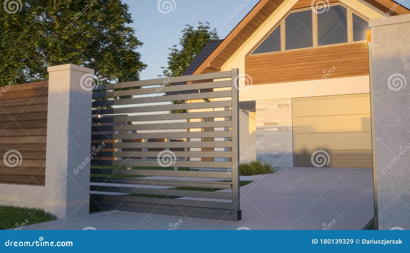 Automatic Sliding Gate and House, 3d Illustration Stock Illustration ...