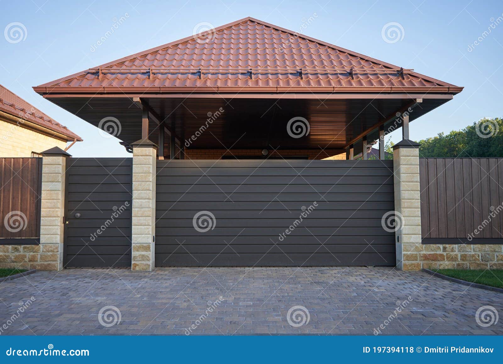 Automatic Sliding Gates in Brown for Entrance Under a Canopy Stock ...