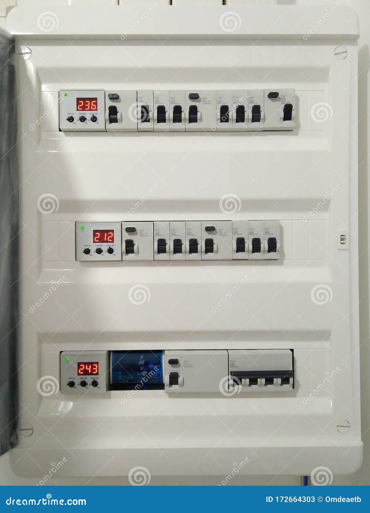 Automatic Switches With Wires In Electrical Shield Close Up. Electrical ...