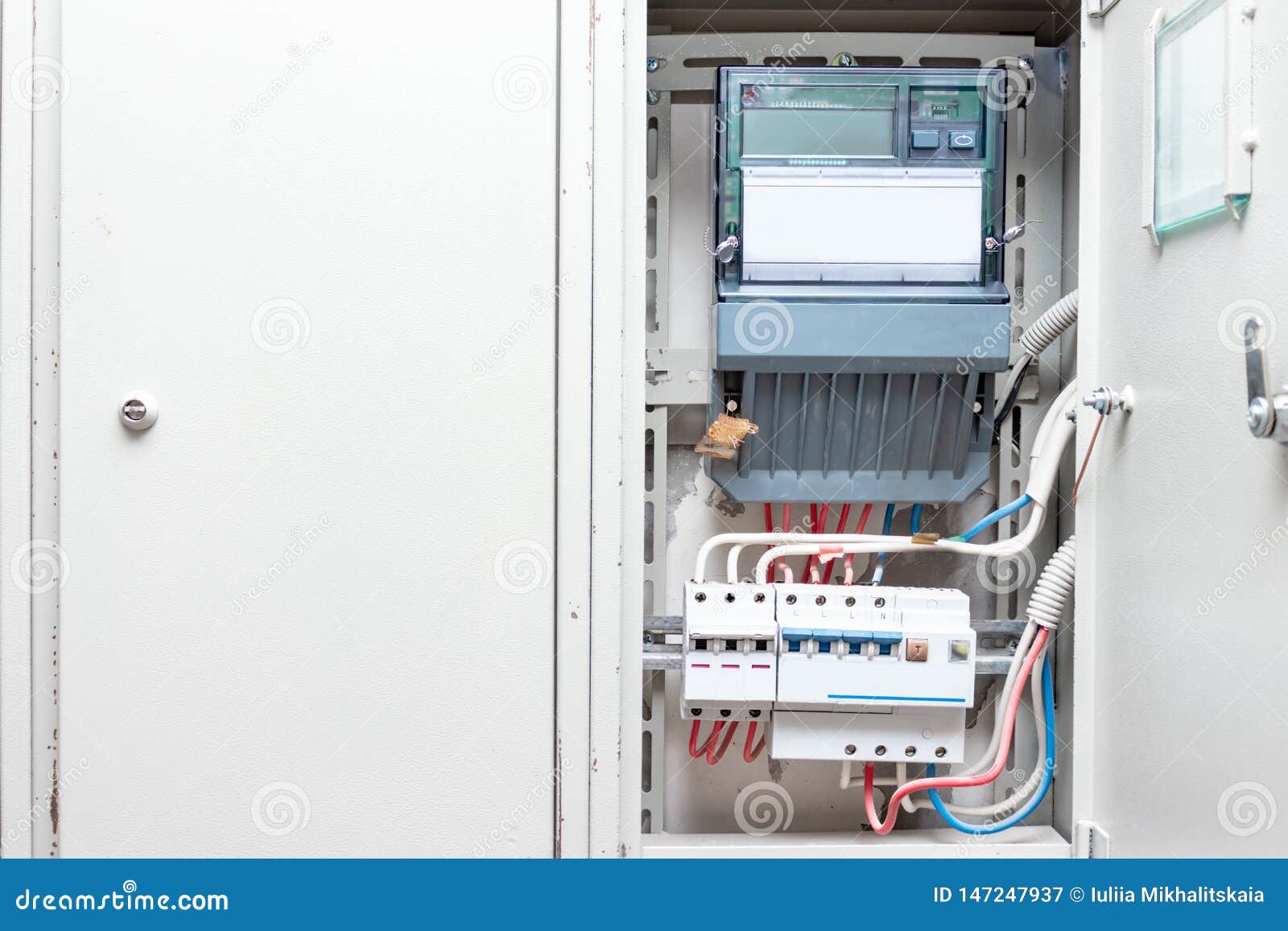 Automatic Switches With Wires In Electrical Shield Close Up. Electrical ...