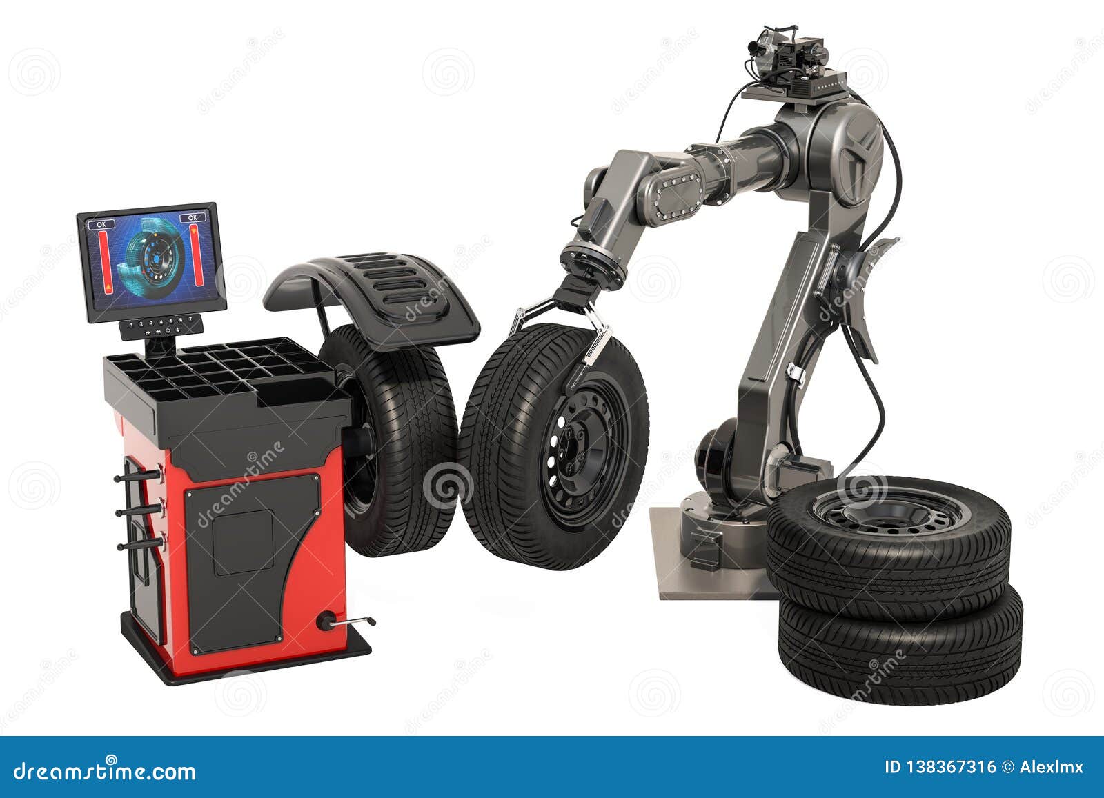 Automatic Wheel Balancing Machine with Robotic Arm, 3d Rendering Stock ...