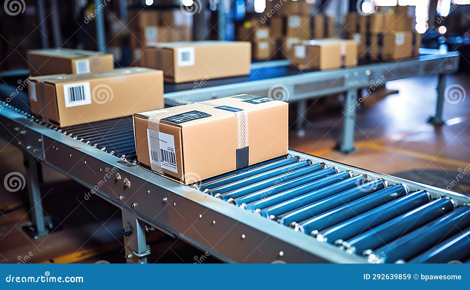 Automation in Action, Cardboard Boxes on Warehouse Conveyor Belt ...