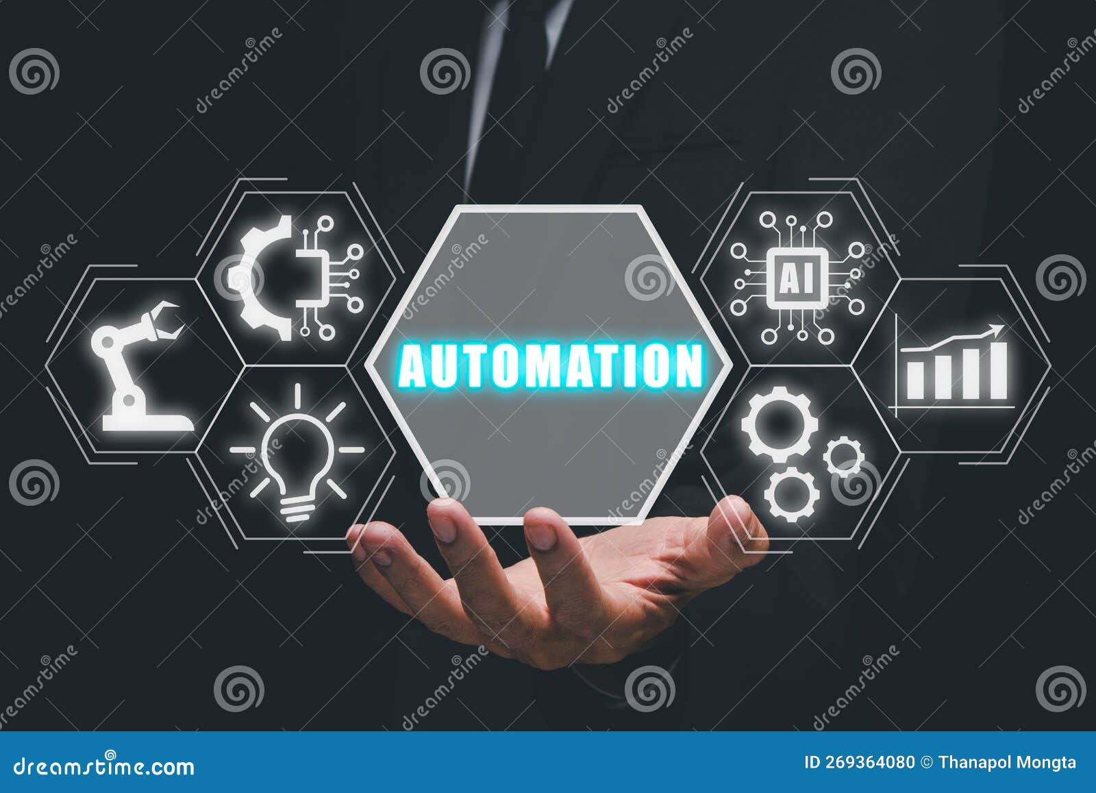 Person Hand Holding Automation Technology Icon on VR Screen, Software ...