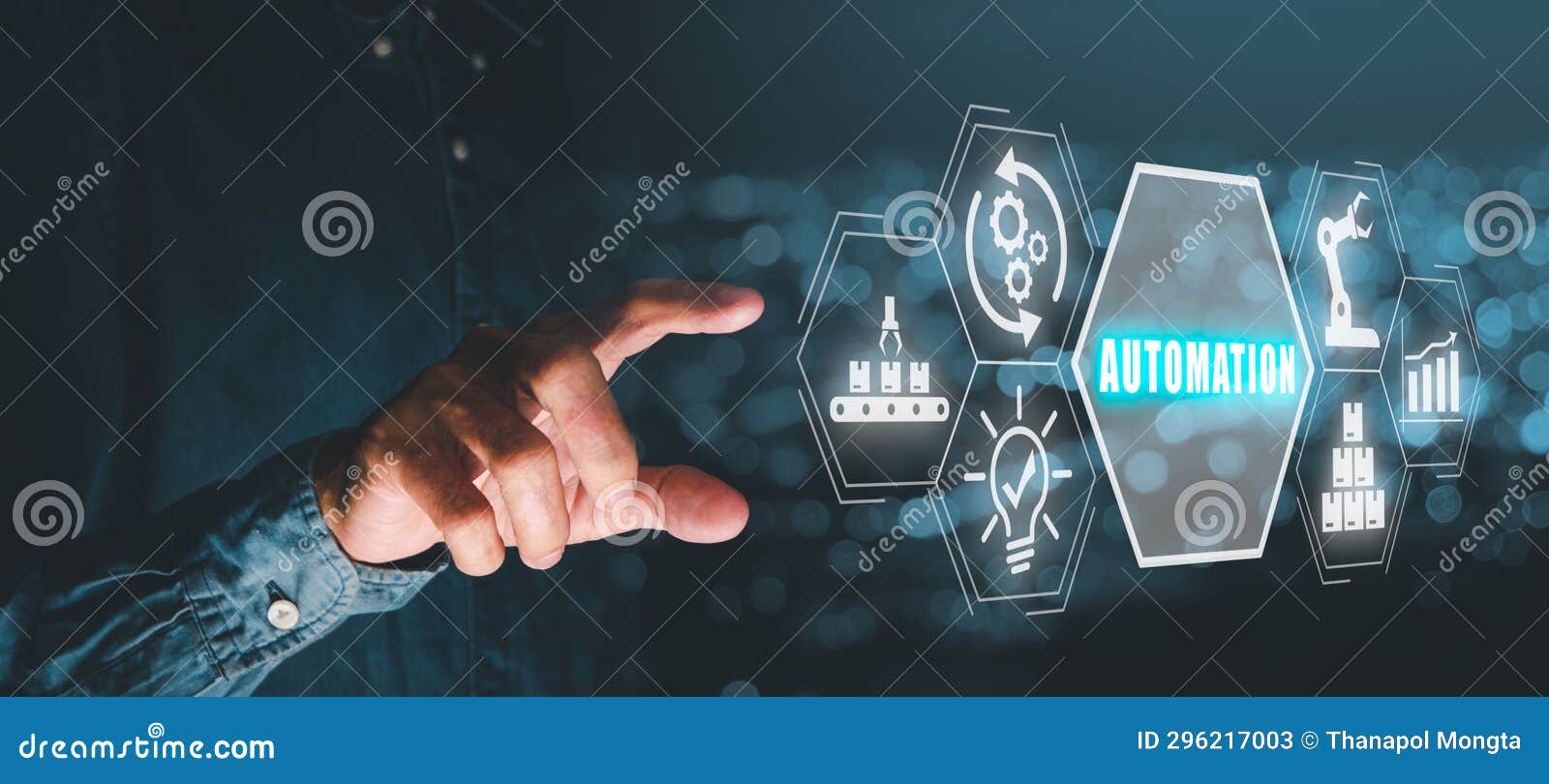 Person Hand Touching Automation Icon on Virtual Screen with Blue Bokeh ...