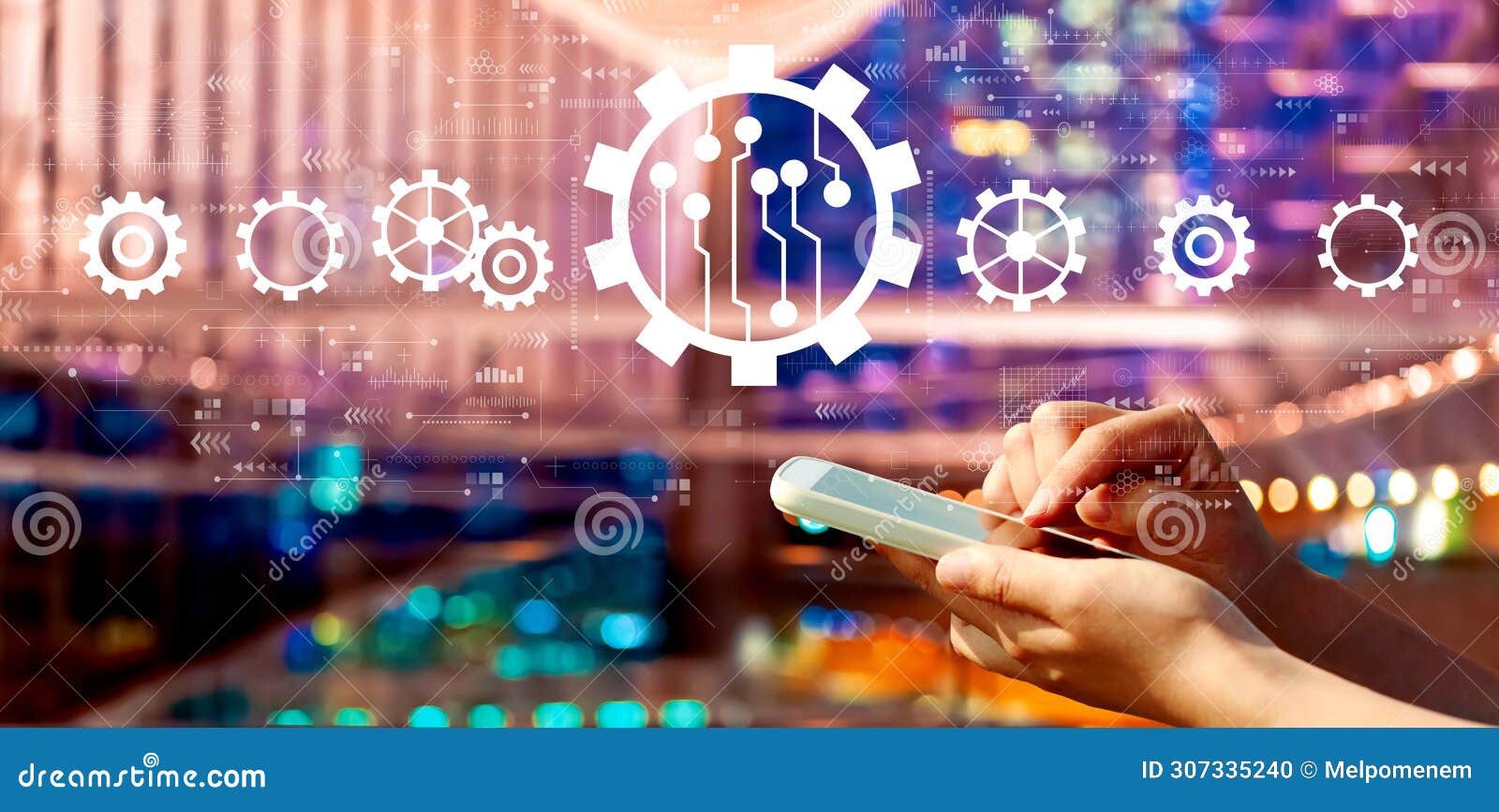 Automation Concept with Person Using a Smartphone in City at Night ...