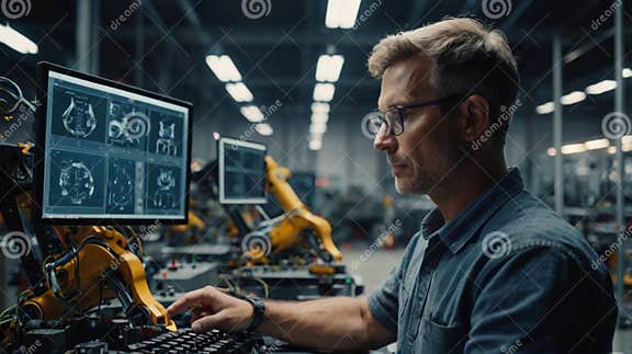Automation Engineer Uses Tablet for Programming Robotic Arm in Factory. Stock Photo - Image of ...