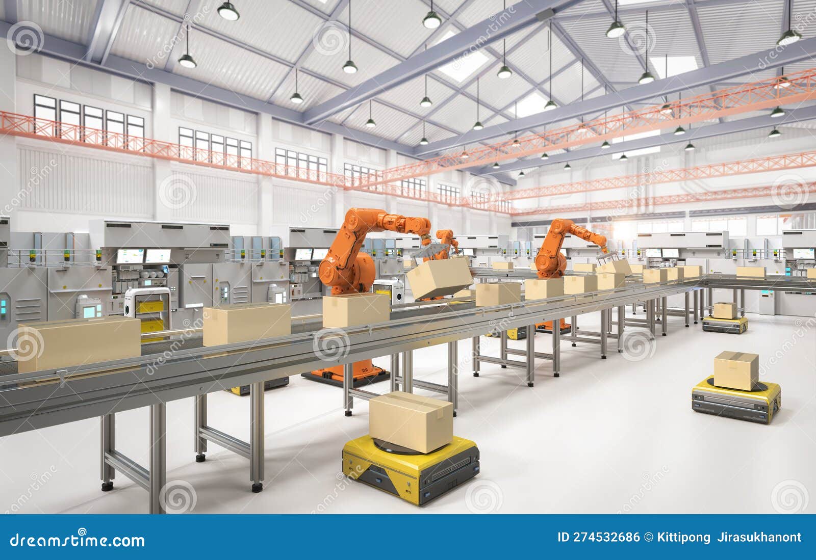 Automation Factory or Cargo with Robot Arms and Warehouse Robots Stock ...