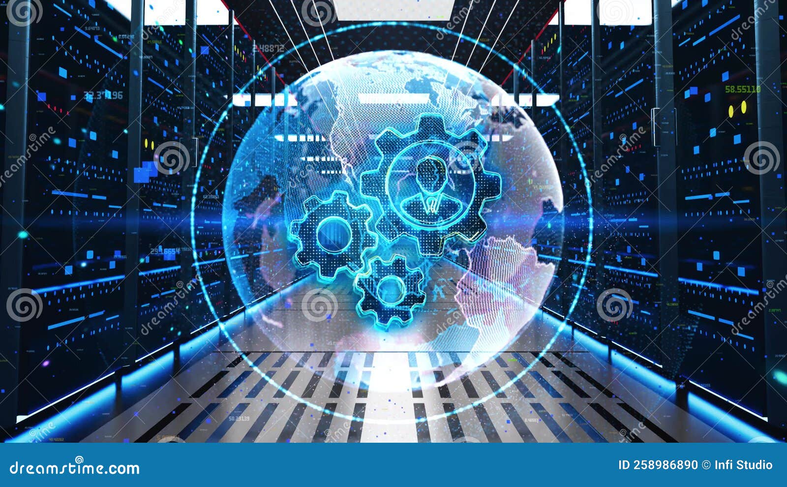 Automation Icon Moving through Rack Servers in Data Center. Stock ...