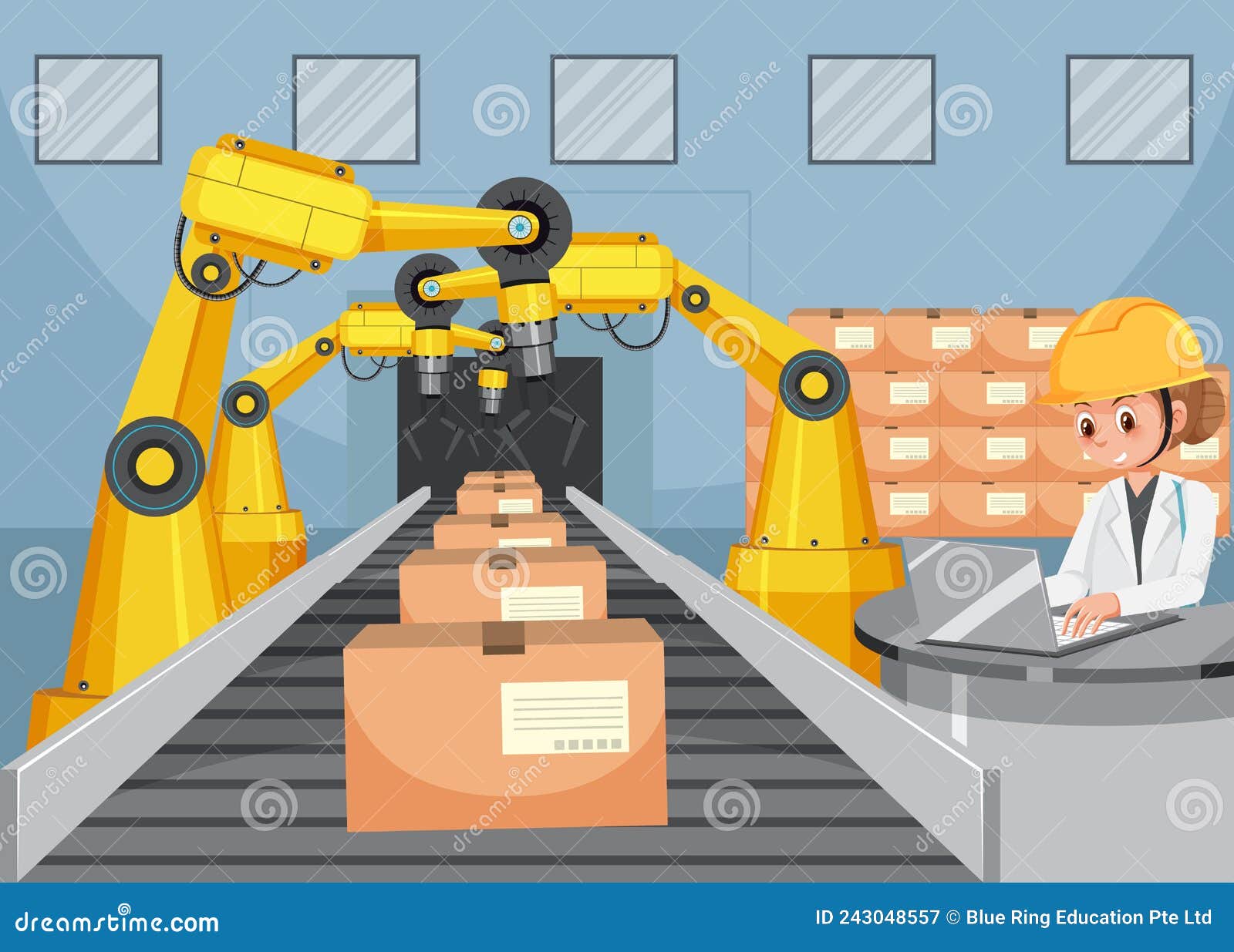 Automation Industry Concept with Assembly Line Robots Stock Vector ...